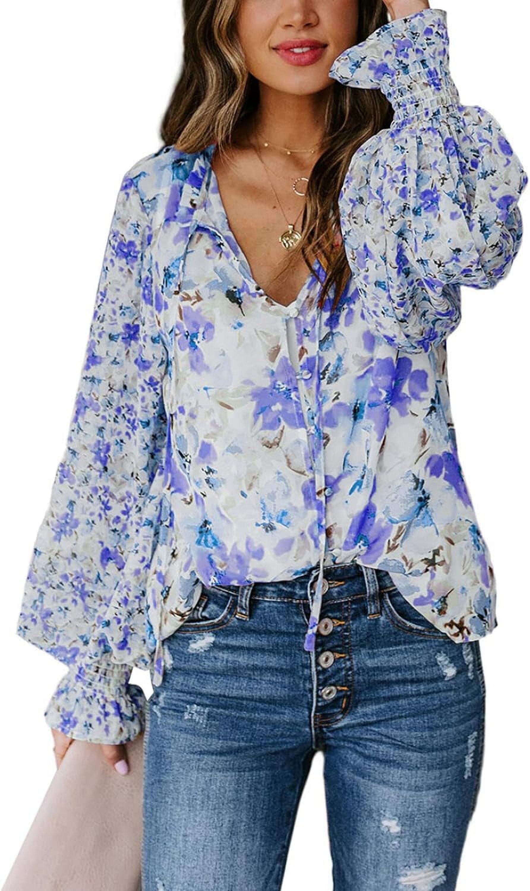 Women's Casual Boho Floral Print V Neck Long Sleeve Drawstring Tops ...