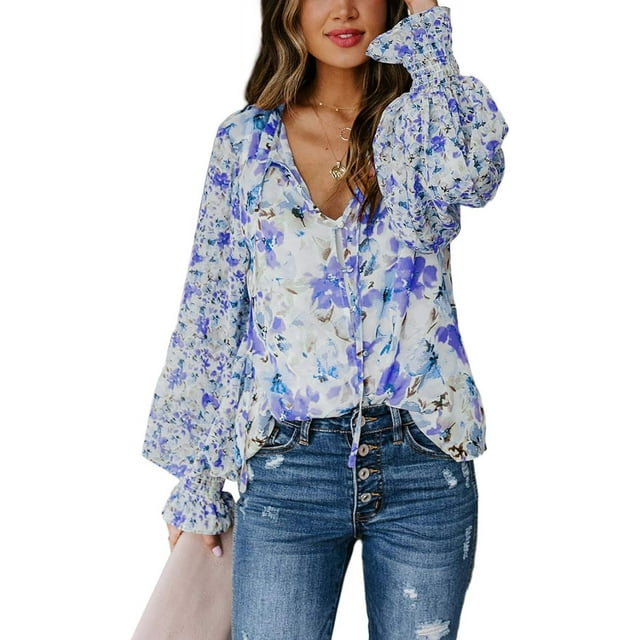 Women's Casual Boho Floral Print V Neck Long Sleeve Drawstring Tops ...