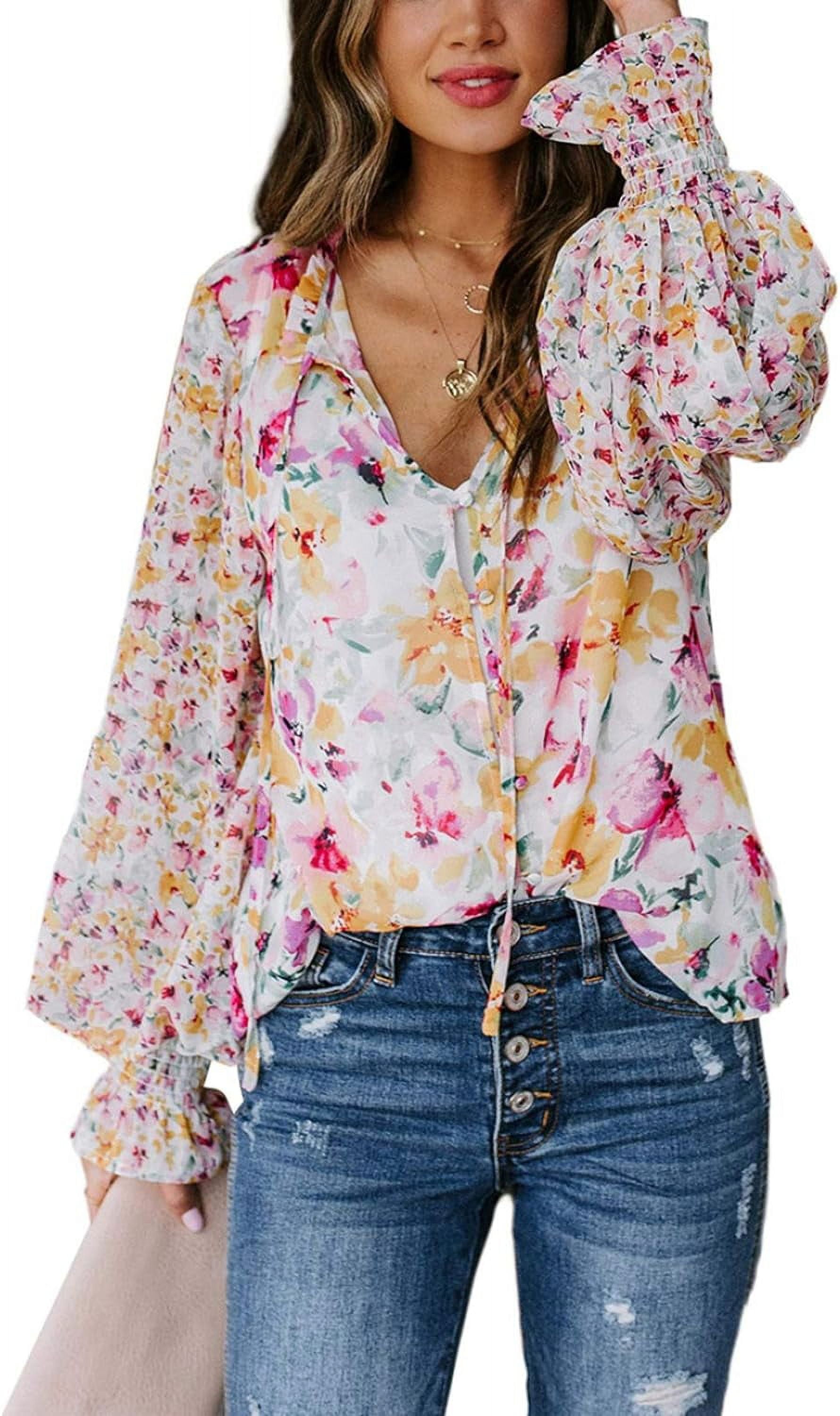 Women's Casual Boho Floral Print V Neck Long Sleeve Drawstring Tops ...