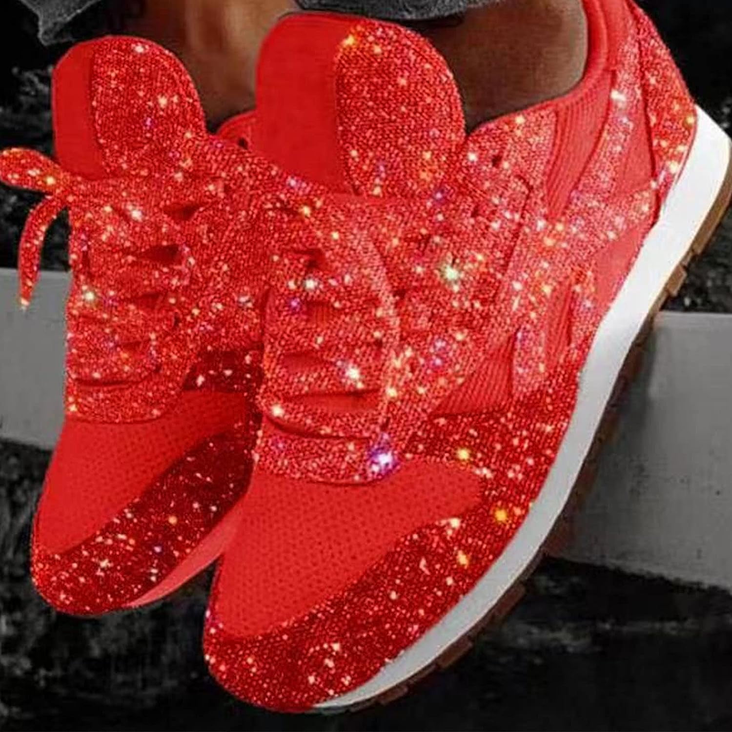 Women's Casual Breathable Crystal Bling Lace Up Sport Shoes Sneakers ...