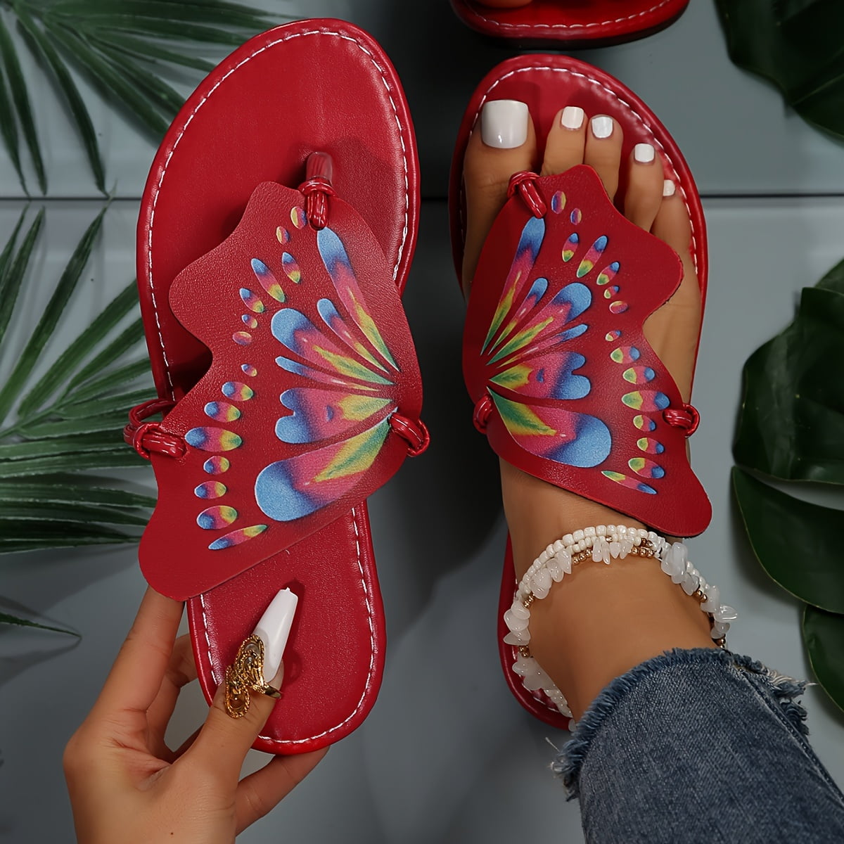 Women's Casual Butterfly Patterned Flip-Flops, Faux Leather Slip-on ...