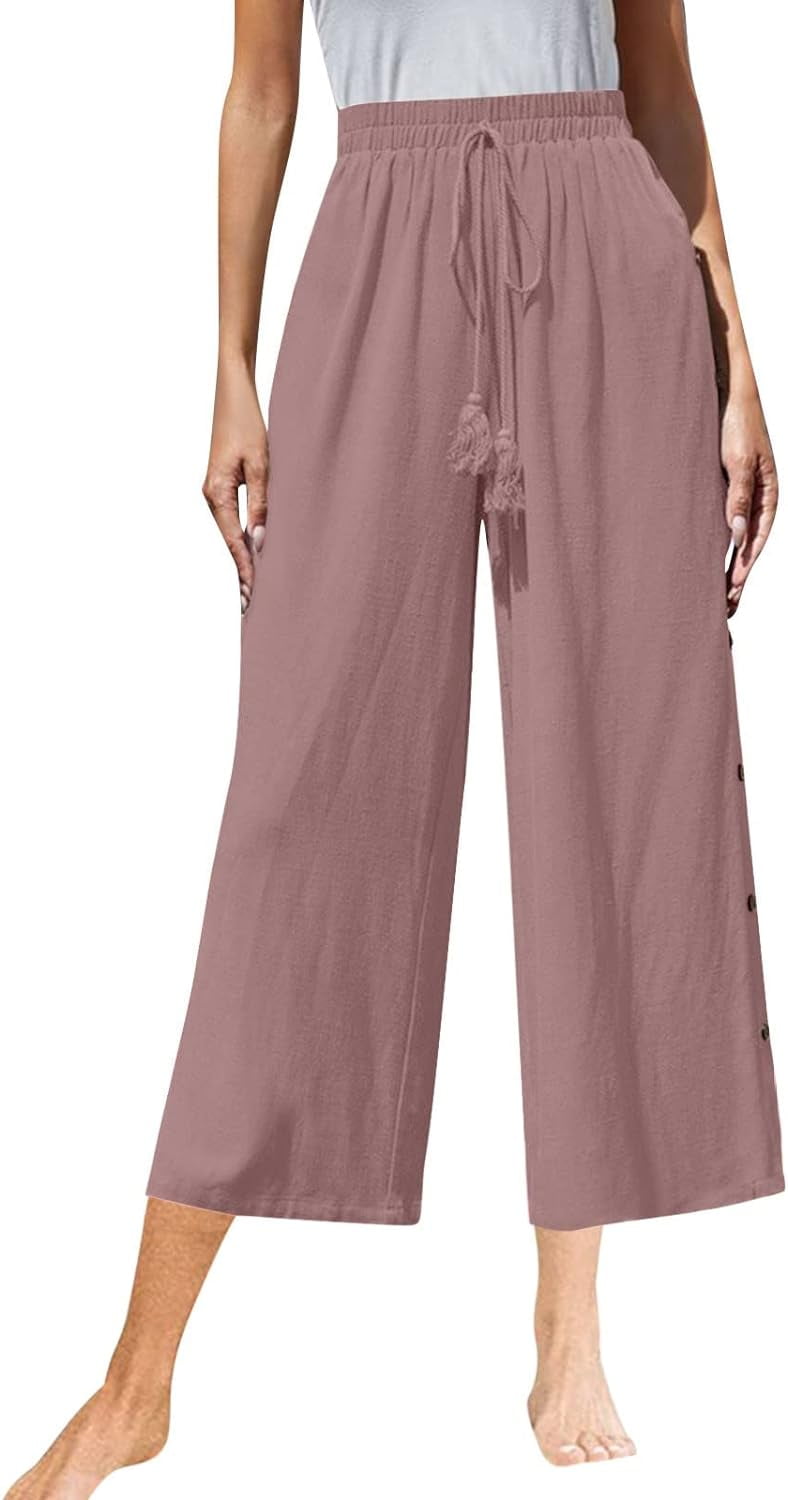Women's Casual Capri Pants Wide Leg Side Split Snap Button Cropped ...