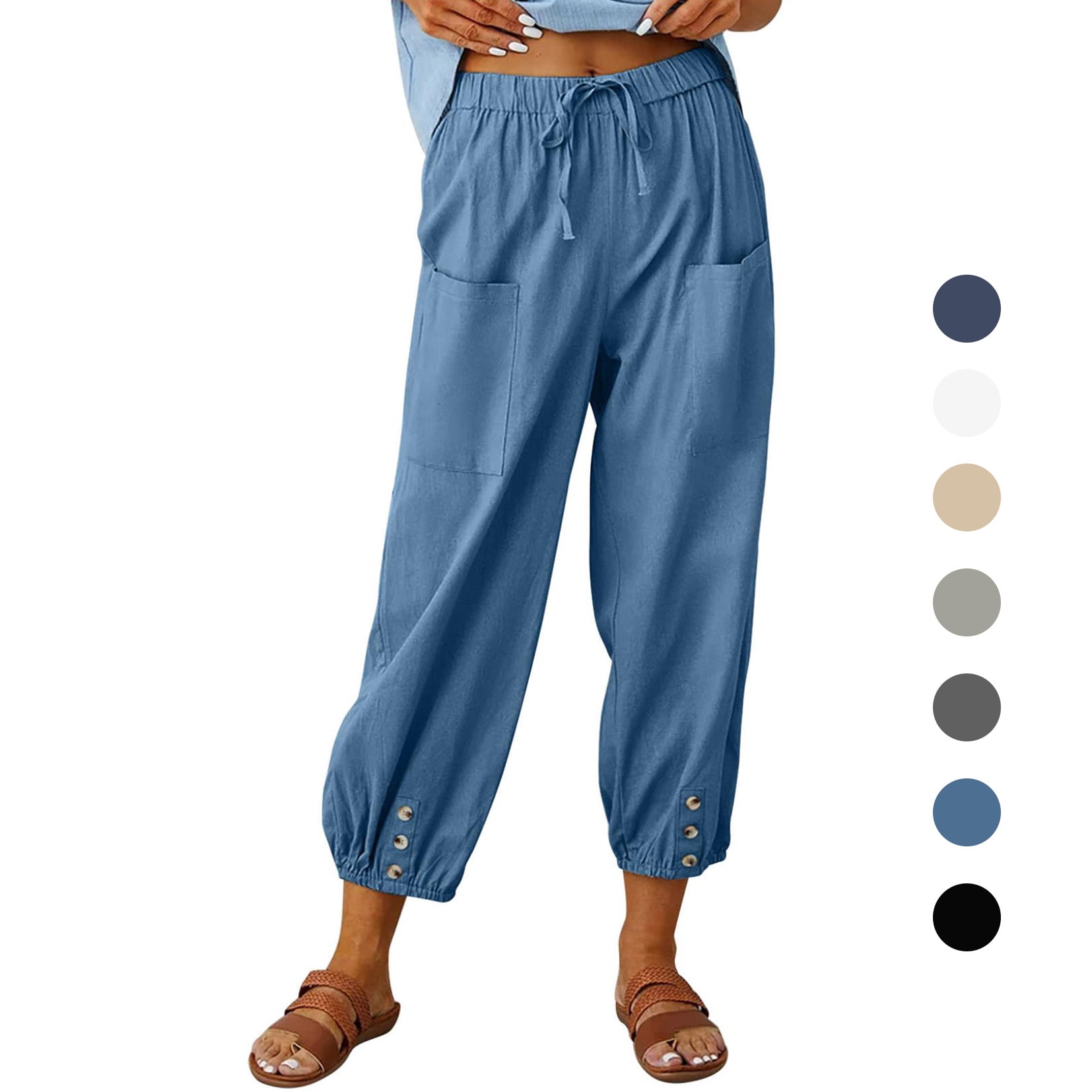 JSKUMAR Women's Wide Leg Capris, Cotton Linen, Drawstring, Pockets ...