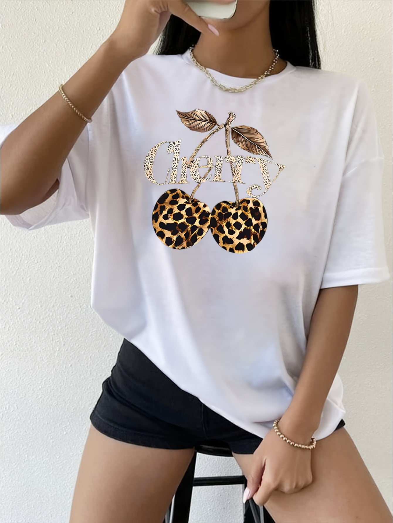 Women's Casual Cherry Print T-Shirt with Leopard Print Cherries ...