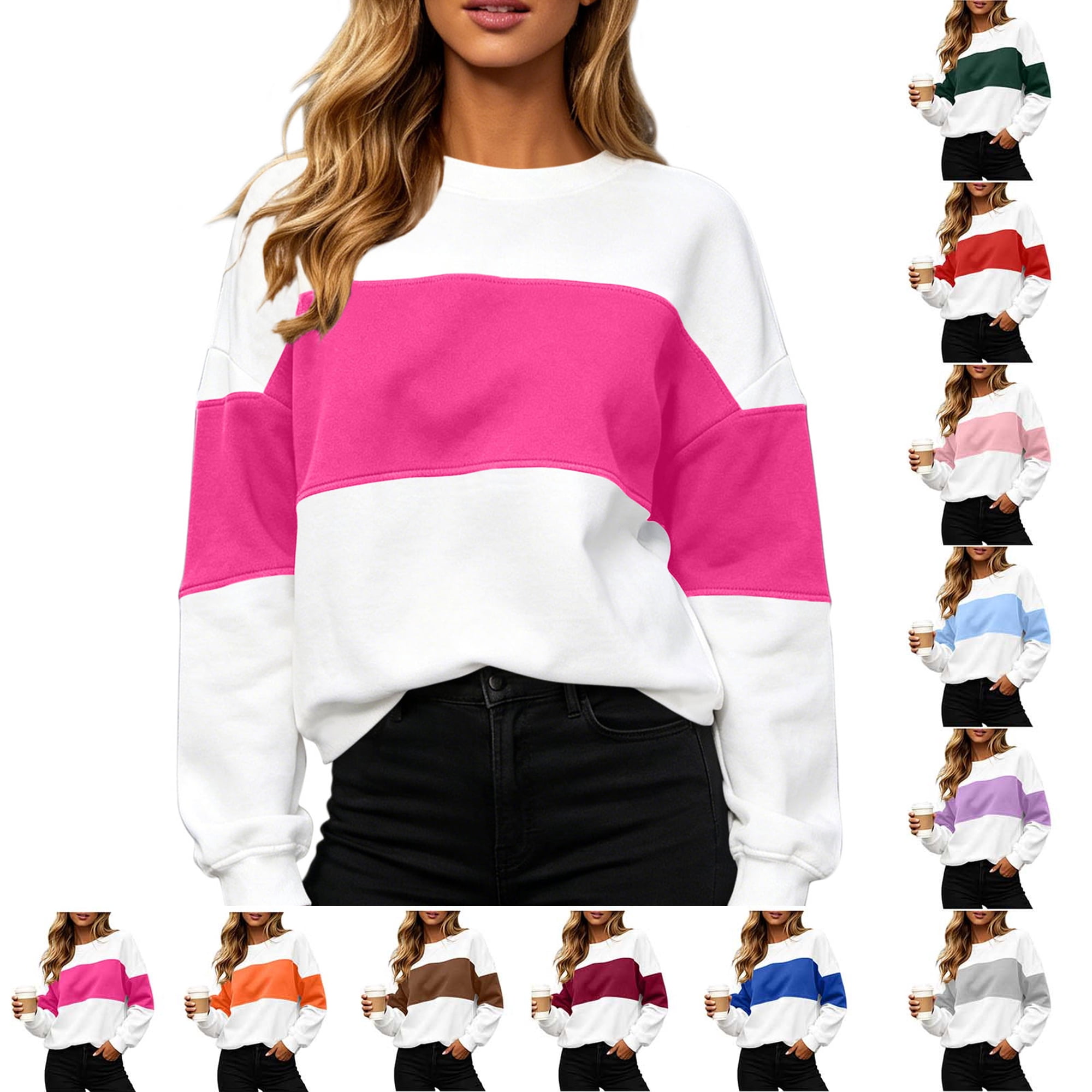 Women's Casual Color Block Pullover Sweatshirt Long Sleeve Crew Neck ...