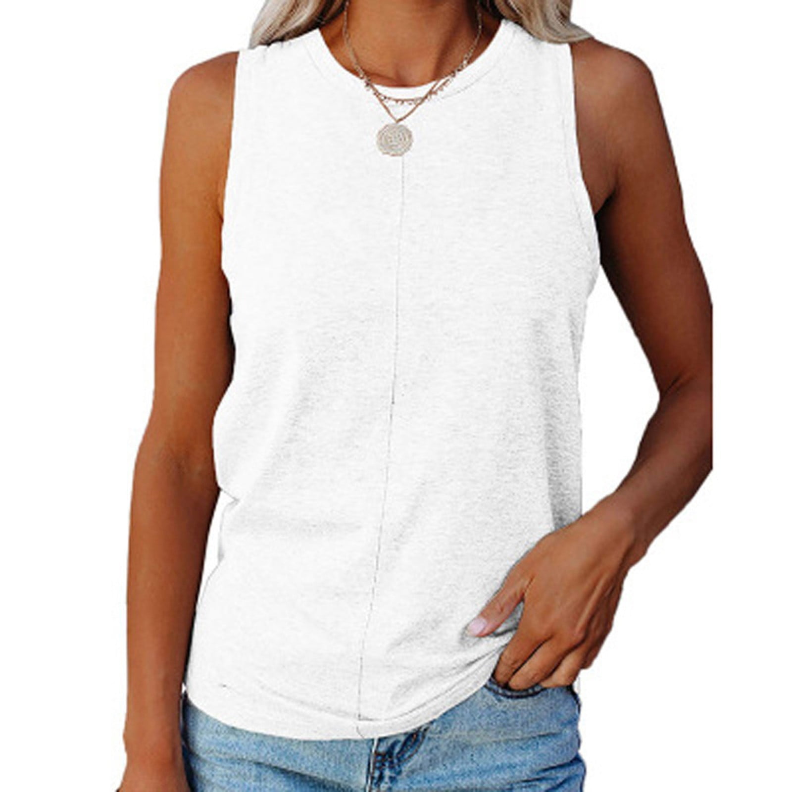 Women's Casual Comfort Round Neck Solid Color Hundred Sleeveless Vest ...