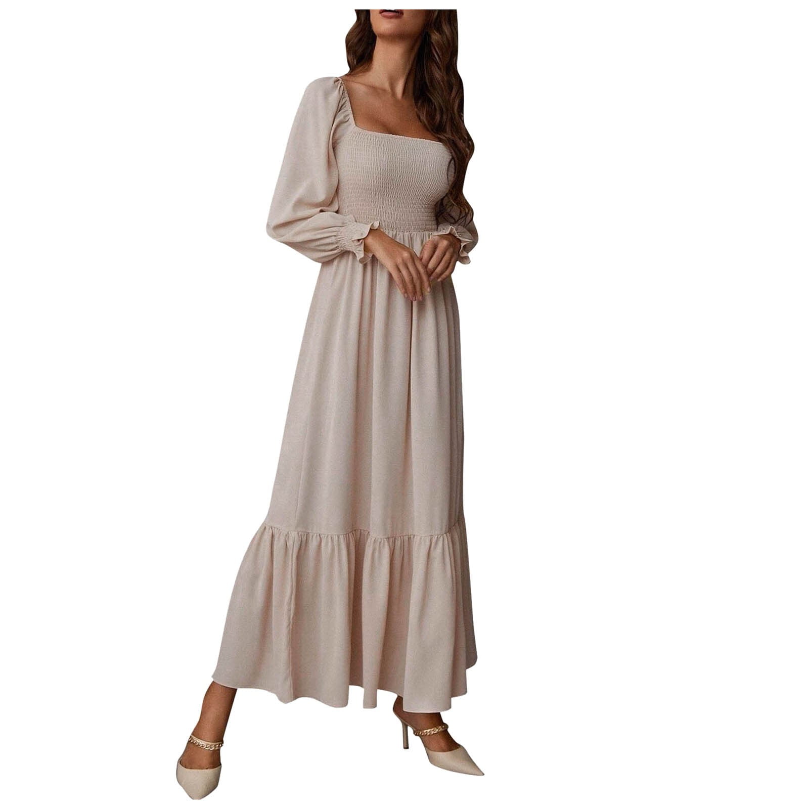 Women's Casual Dress Fall Casual Long Sleeve Maxi Dress Square Neck ...