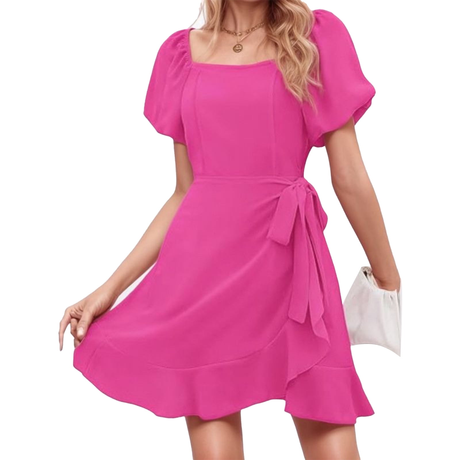 Women's Casual Dress Square Neck Short Sleeve Flounce Hem Everyday Summer Dress Basic Solid ...