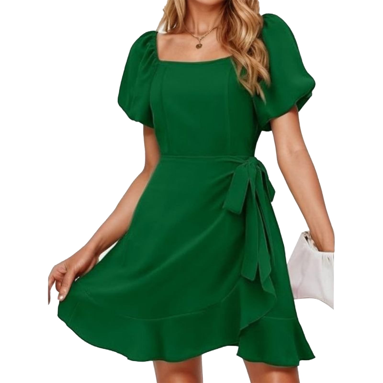Women's Casual Dress Square Neck Short Sleeve Flounce Hem Everyday Summer Dress Basic Solid ...