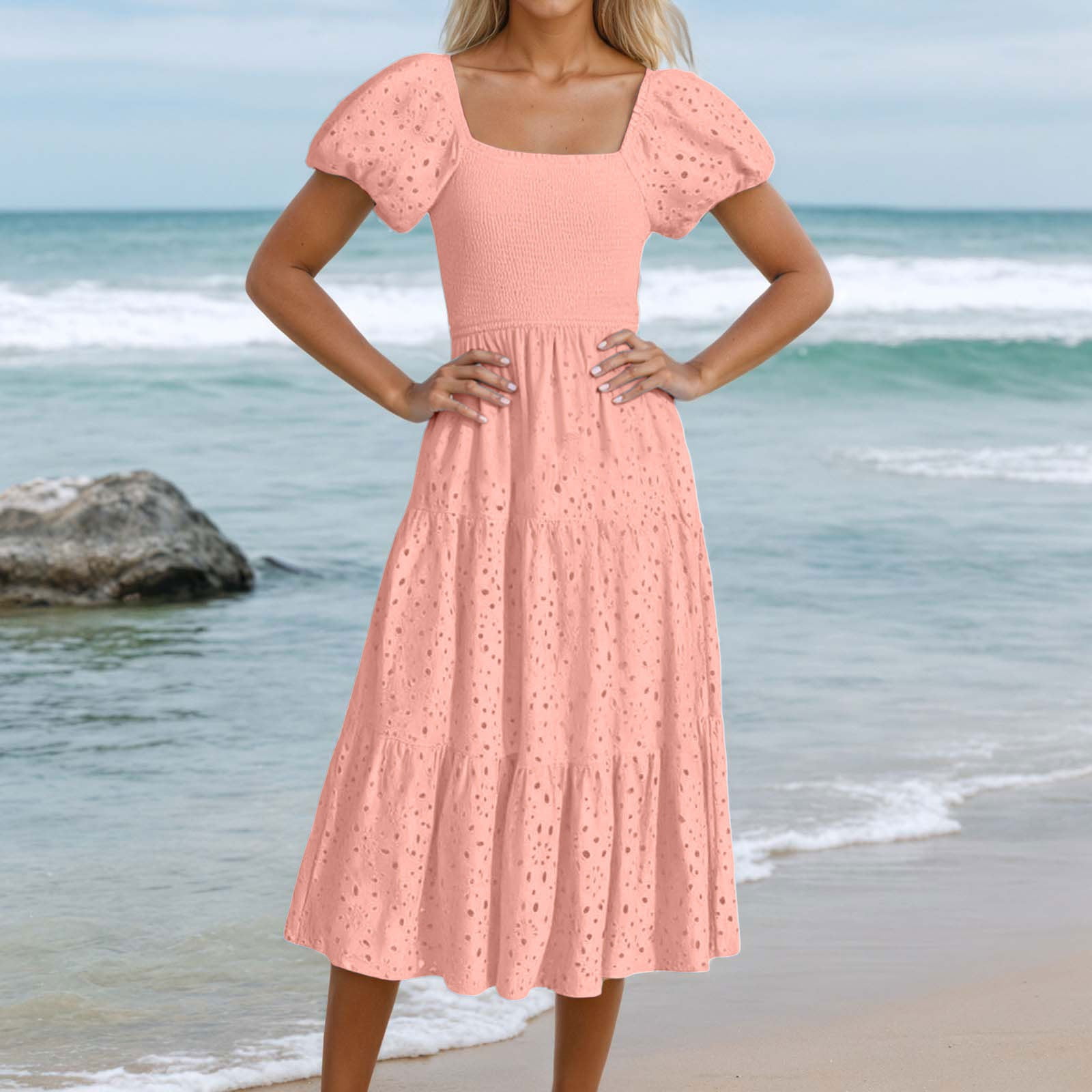 Women's Casual Dress Square Neck Short Sleeve Flowy Summer Dress With ...