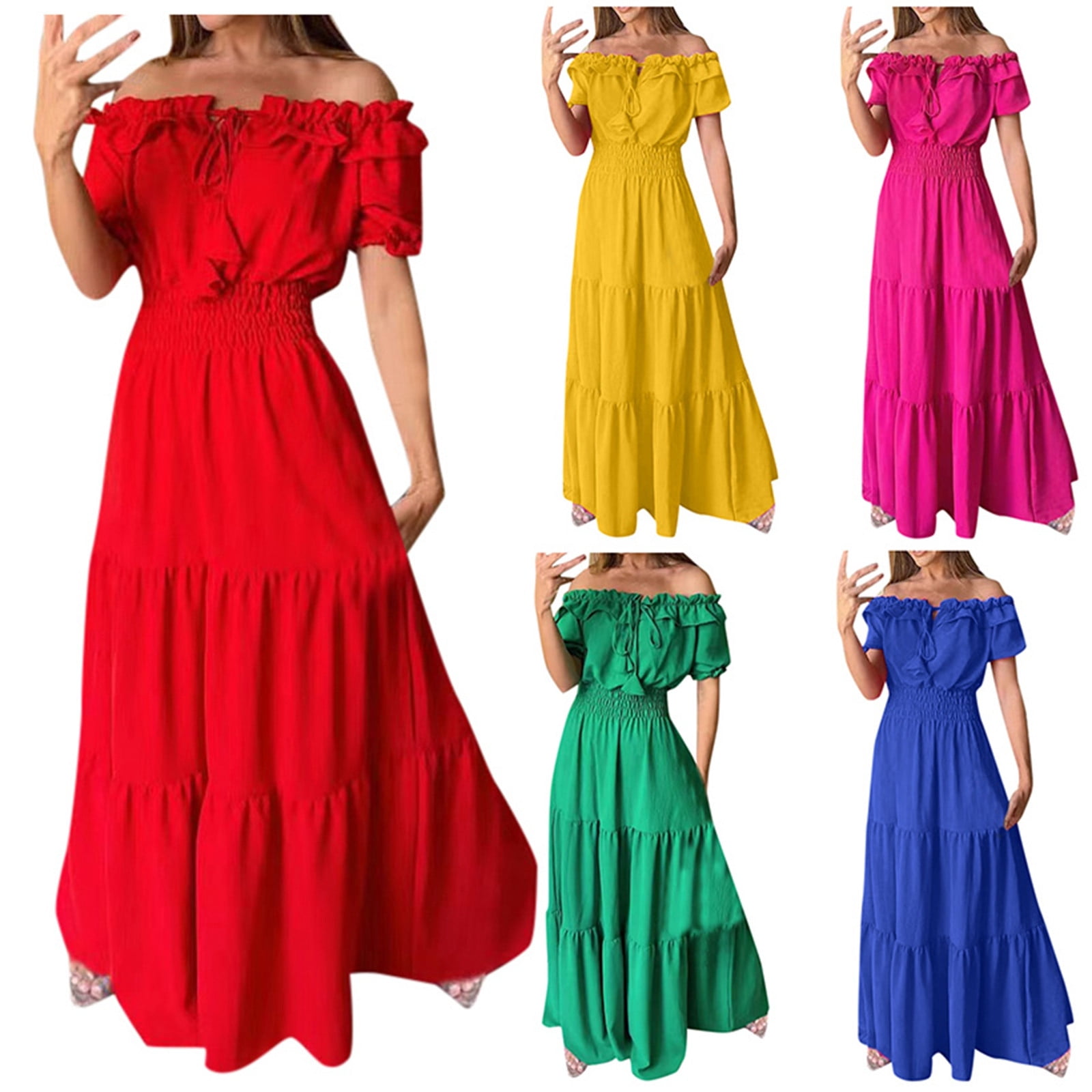 Women's Casual Dresses Off Shoulder Puff Sleeve Fashion Solid Color ...