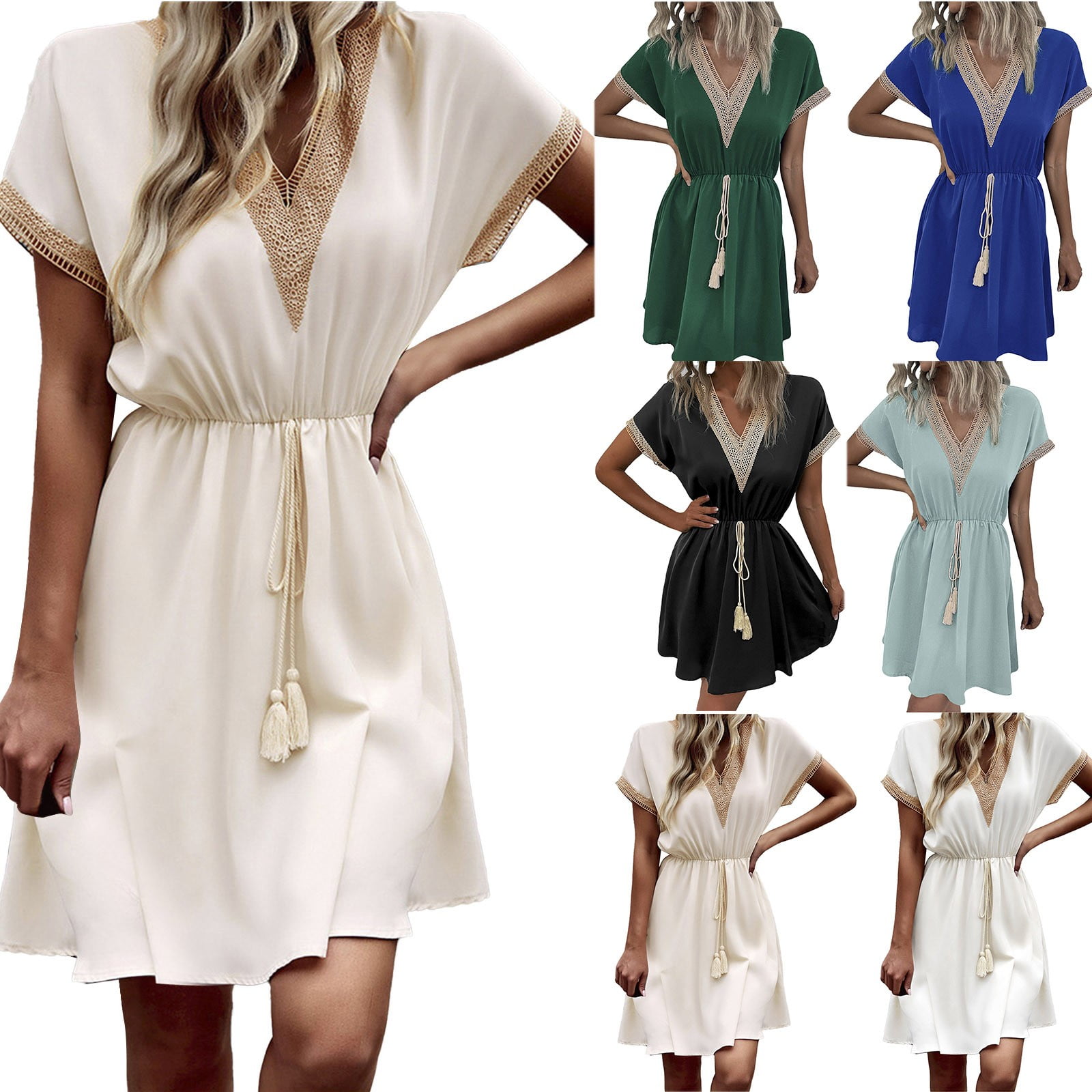 Women's Casual Dresses Short Sleeve V Neck Lace Stitching Tiered Swing ...