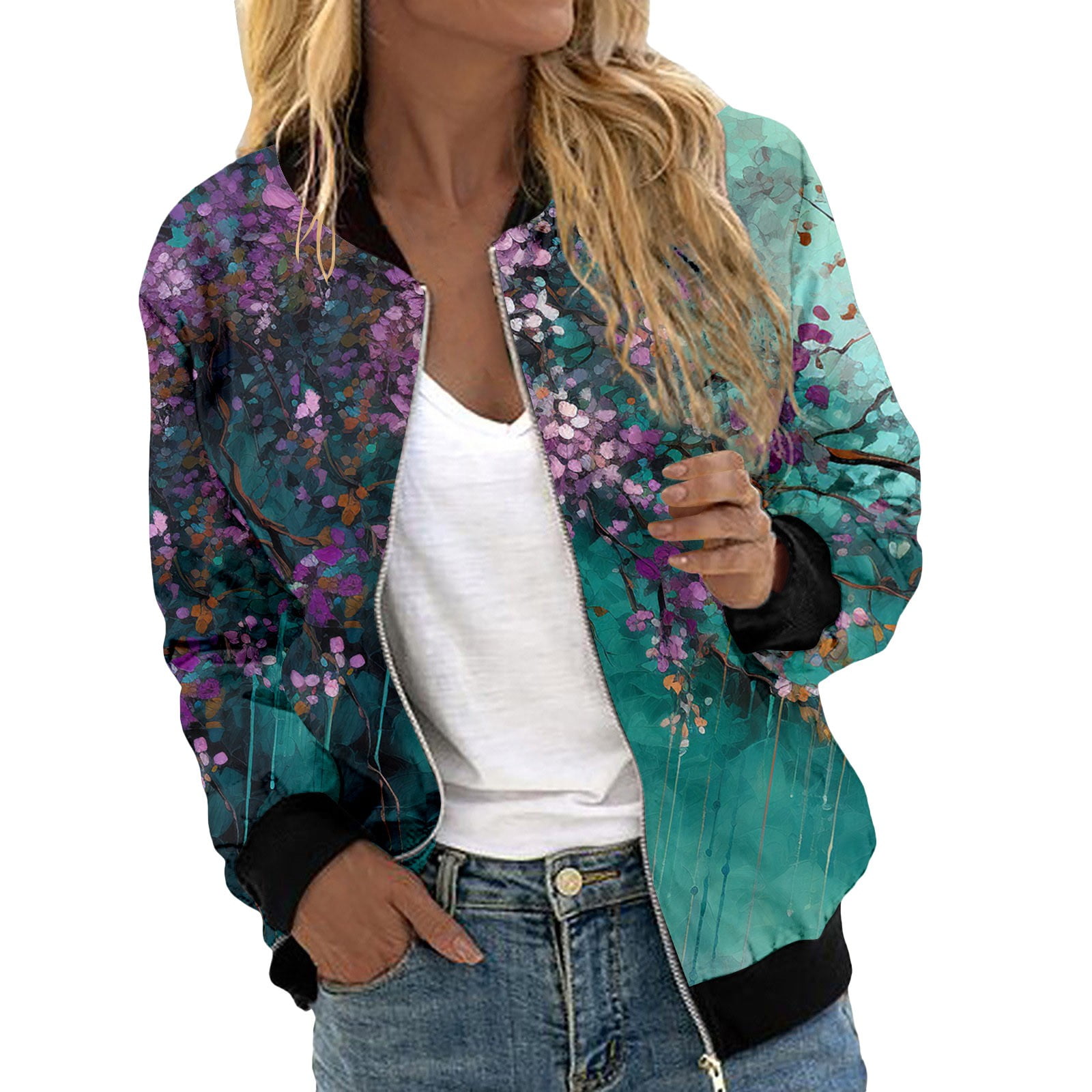 Women's Casual Floral Print Zip Up Jacket Lightweight Stand Collar ...