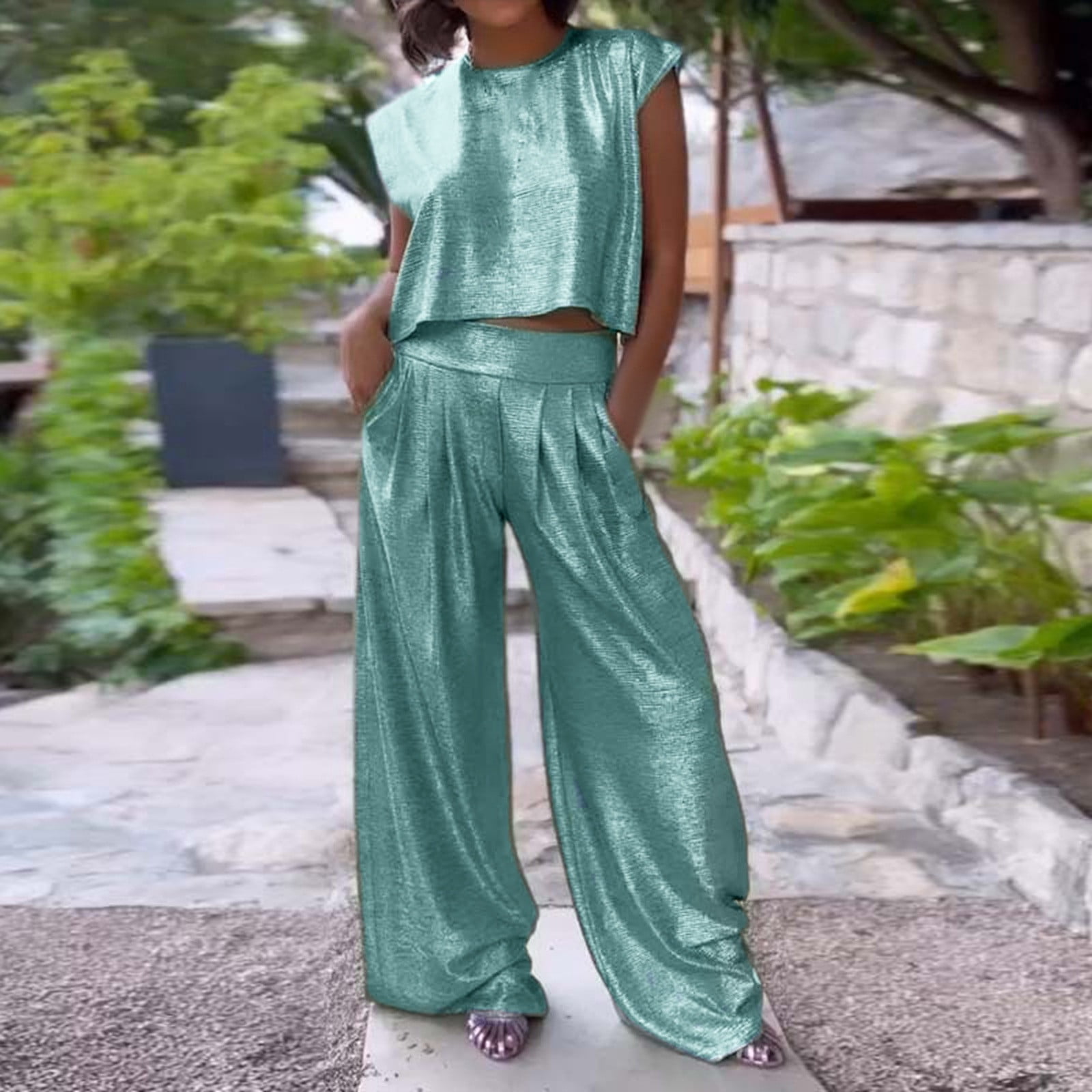Women's Casual Glossy Vest And Wide Leg Pants Two Piece Set Round Neck ...