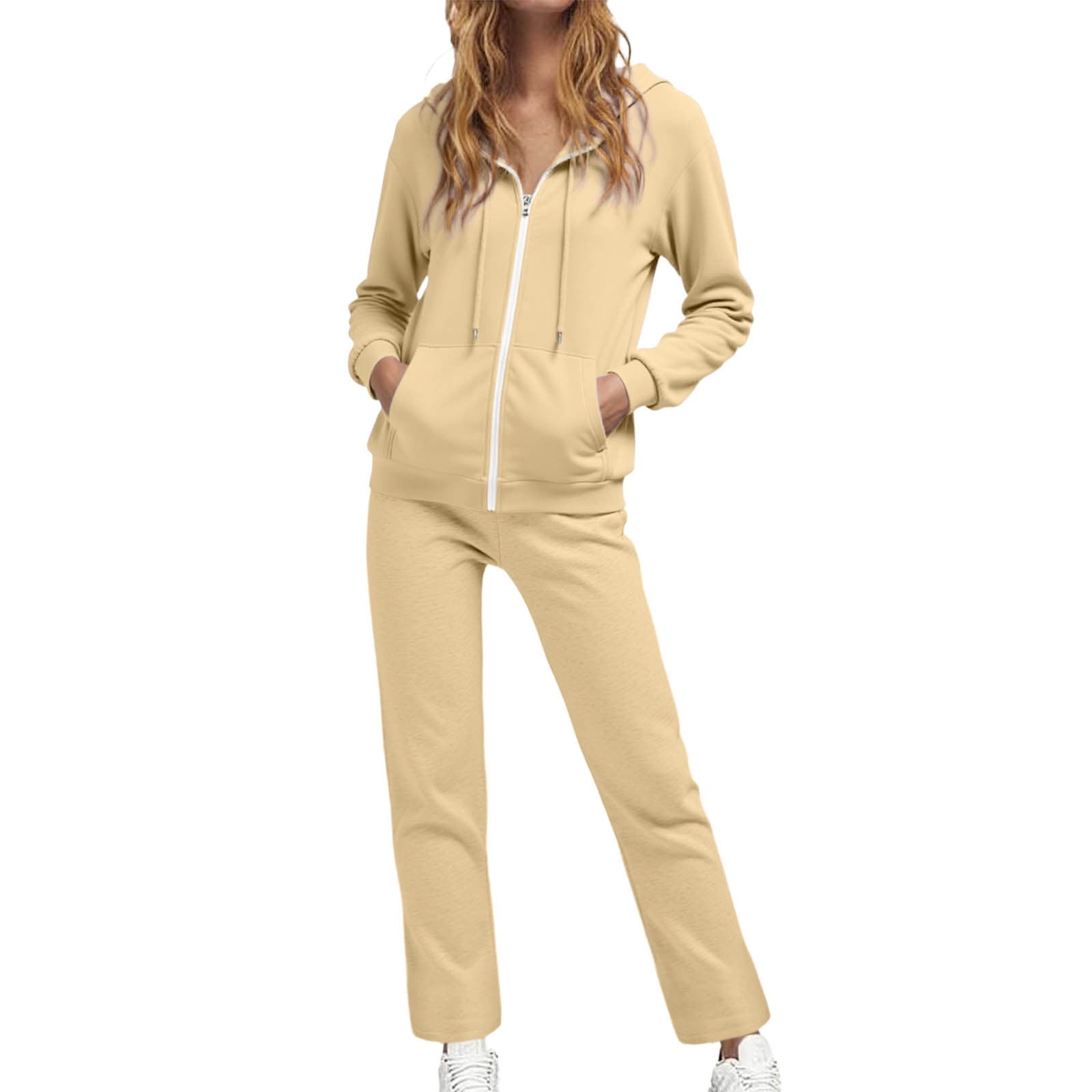 Women's Casual Hooded Tracksuit Set Stylish Solid Color Zip Up ...