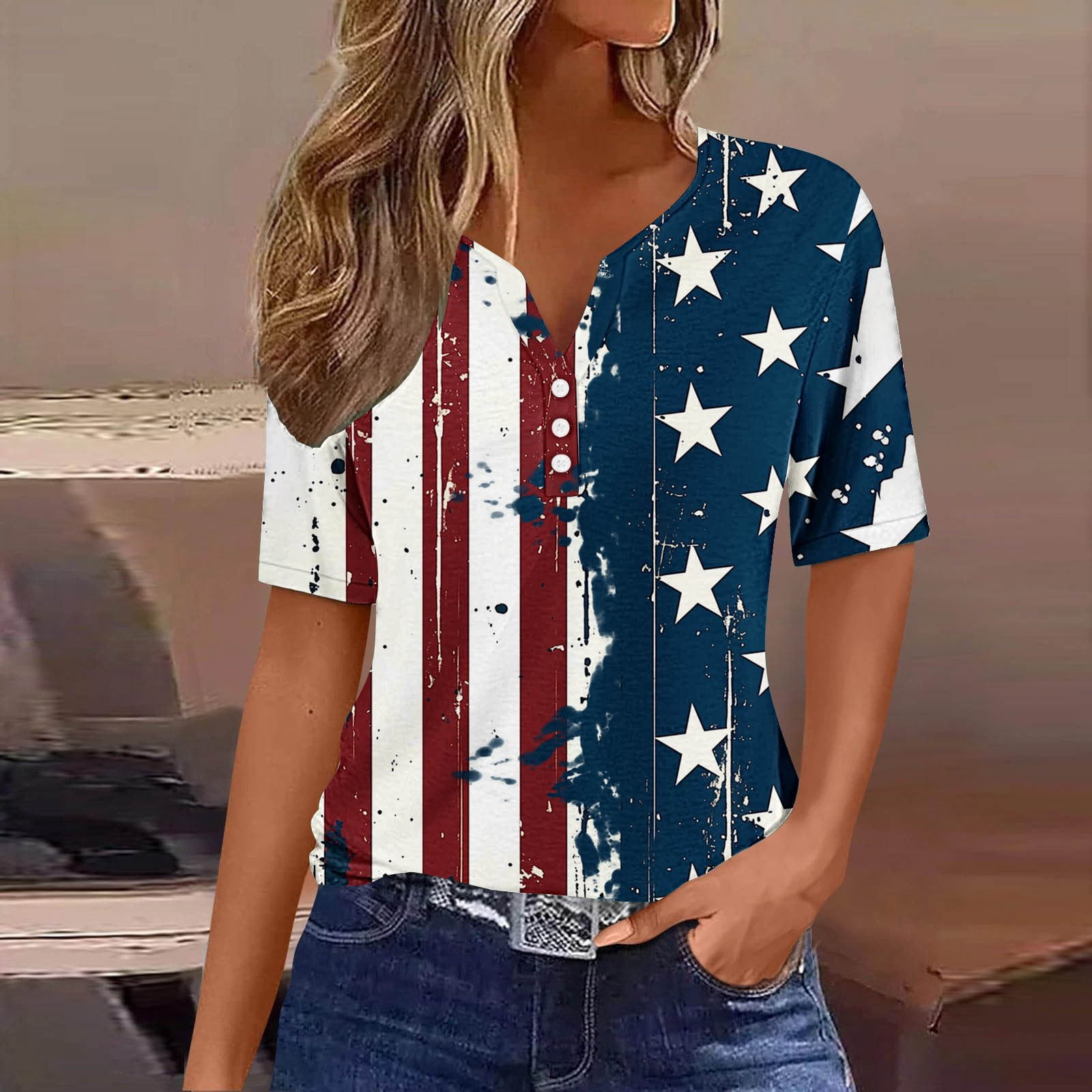Women's Casual Independence Day Top, Short Sleeve V-Neck, Printed ...