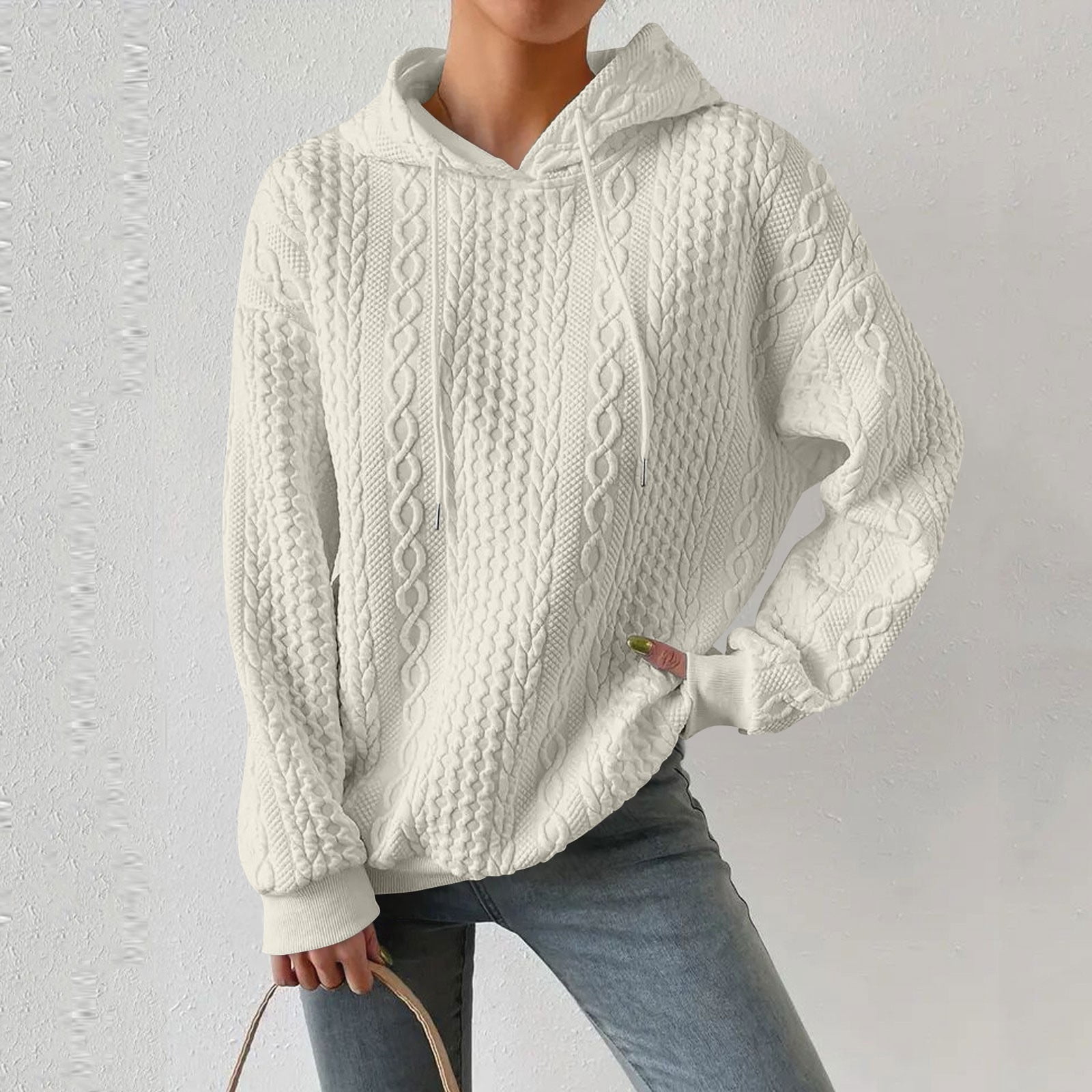 Women's Casual Knit Hoodie Sweater Cable Knit Pullover with Drawstring ...