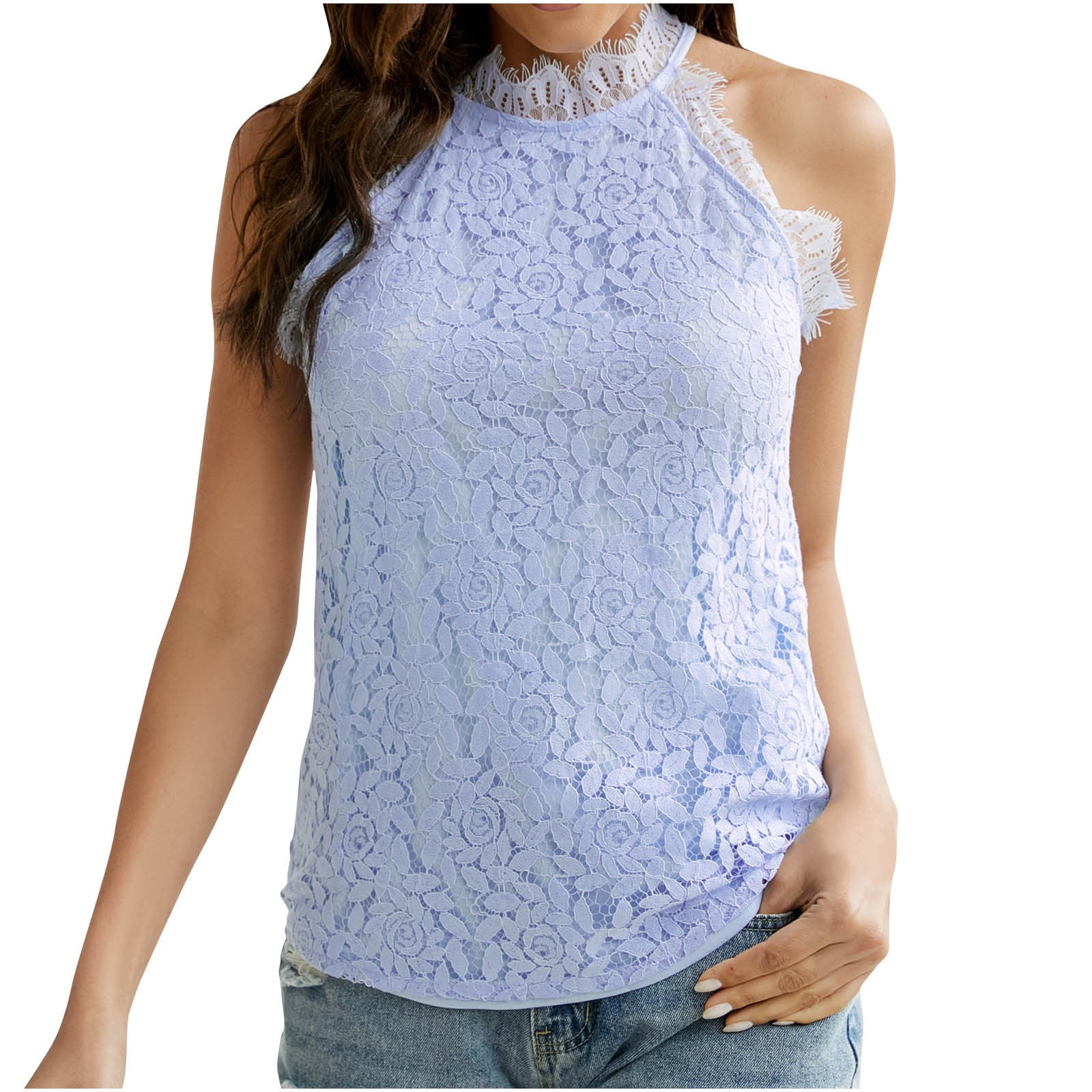 Women's Casual Lace Blouse Keyhole Back Halter Top Sexy Sleeveless ...