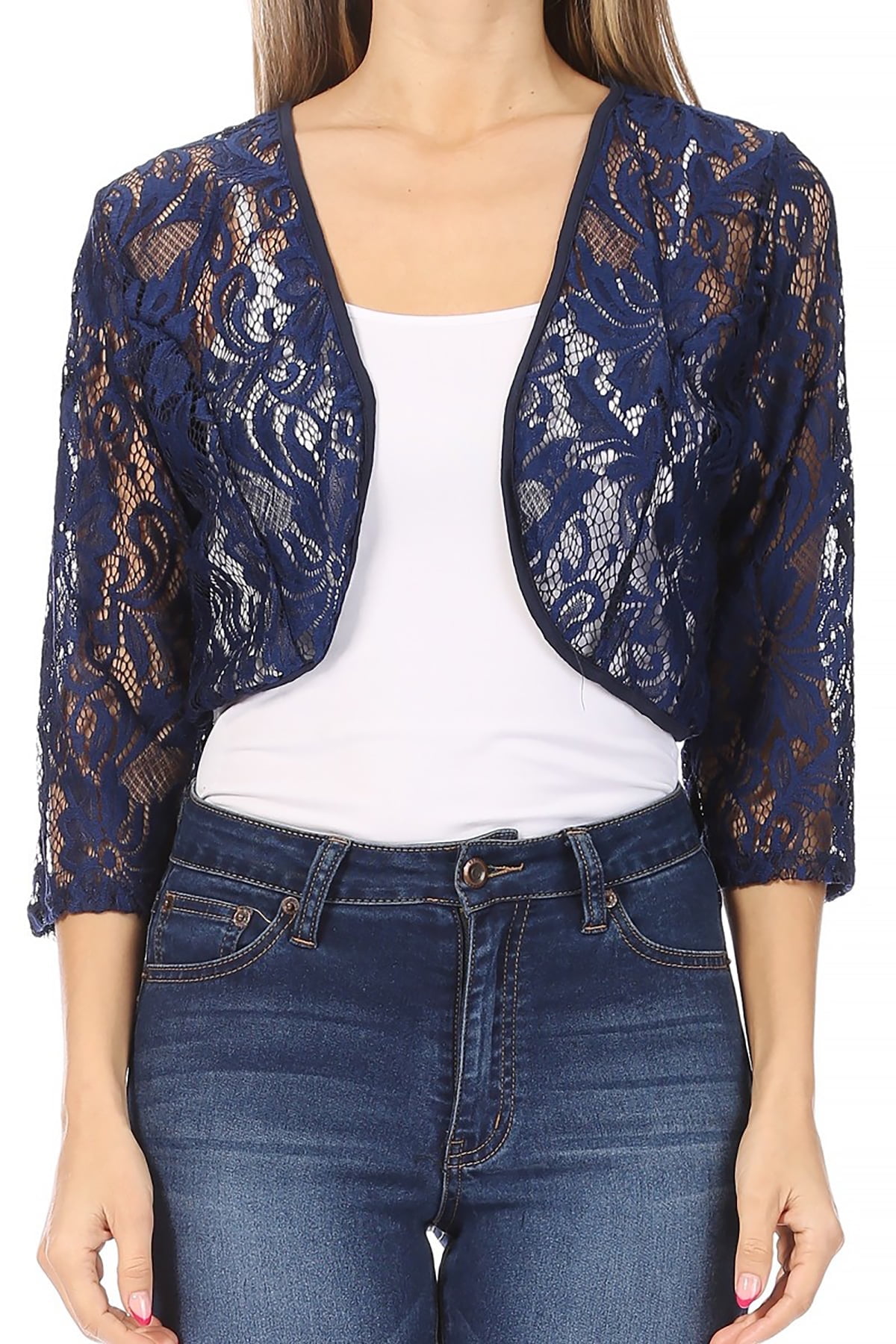 Women's Casual Lace Bolero Crochet Open Cardigan 3/4 Sleeve Sheer Cover ...