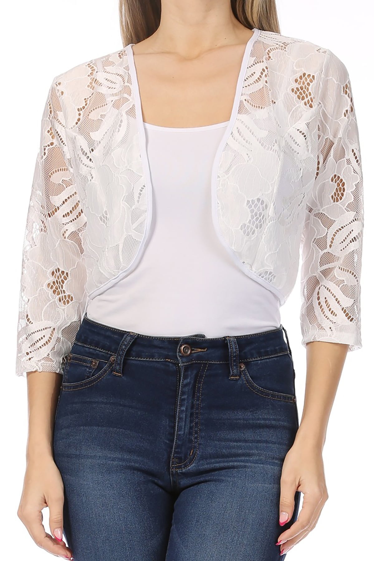 Women's Casual Lace Bolero Crochet Open Cardigan 3/4 Sleeve Sheer Cover ...