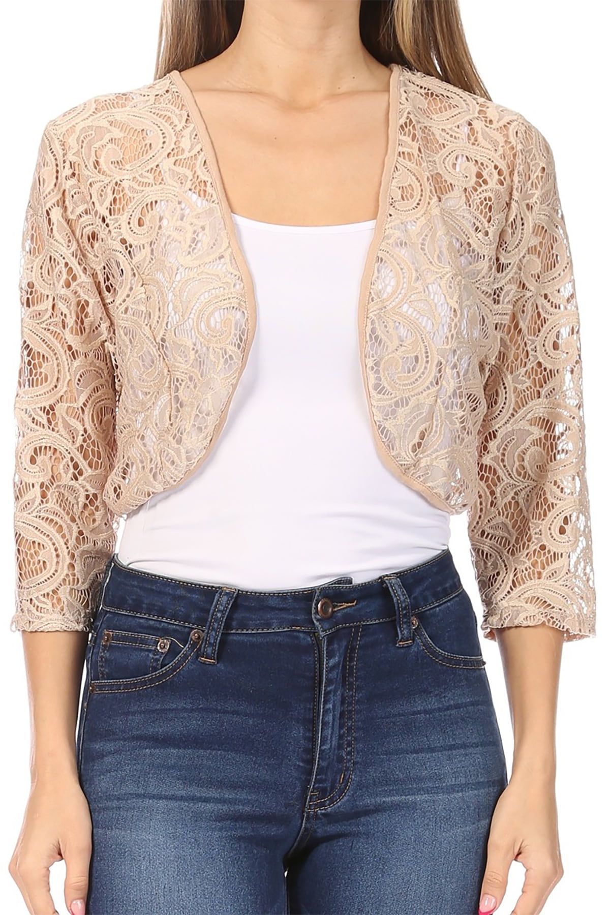 Women's Casual Lace Bolero Crochet Open Cardigan 3/4 Sleeve Sheer Cover ...