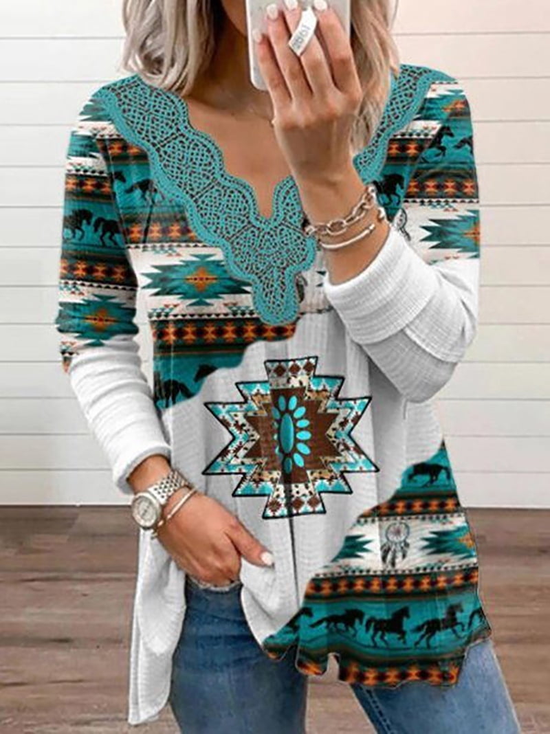 Women's Casual Lace V Neck Western Style Printed Long Sleeve Blouses ...