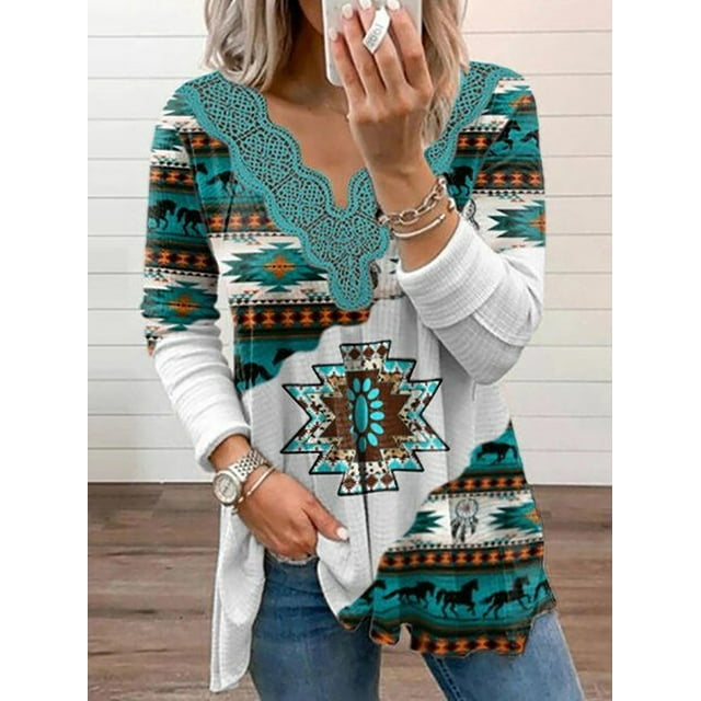 Women's Casual Lace V Neck Western Style Printed Long Sleeve Blouses ...