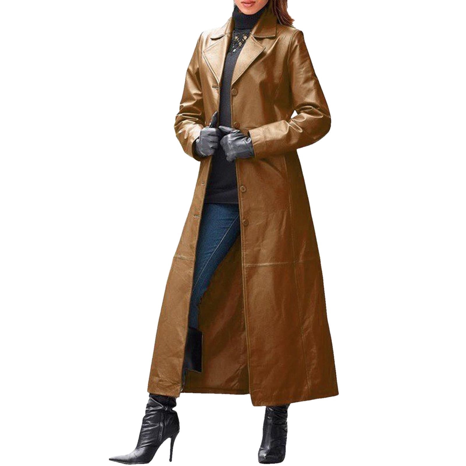 Women's Casual Leather Trench Coat with Notch Lapel and Button Down ...