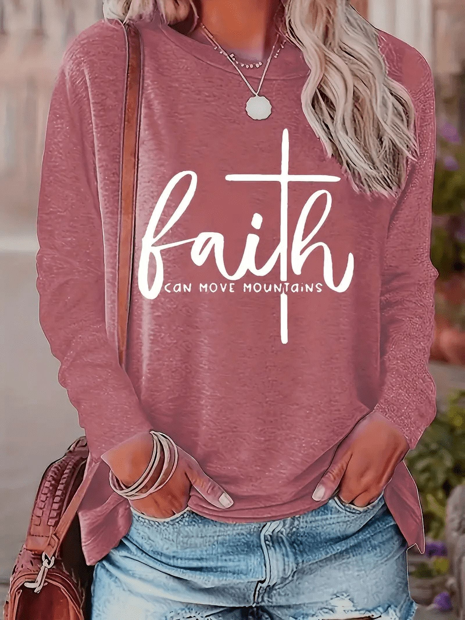 Zukuco Women's Letter Print FAITH Long Sleeve Casual Pullover ...
