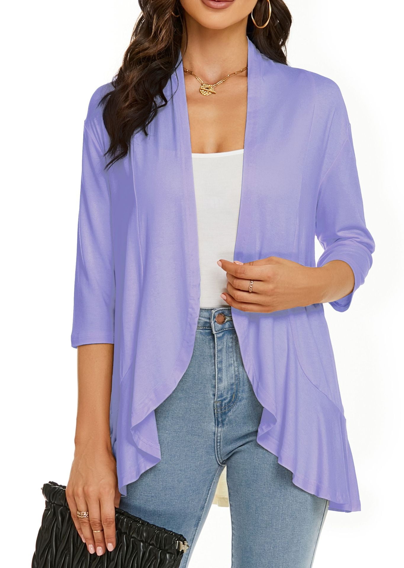 Women's Casual Lightweight Open Front Cardigans Soft Draped Ruffles 3/4 ...