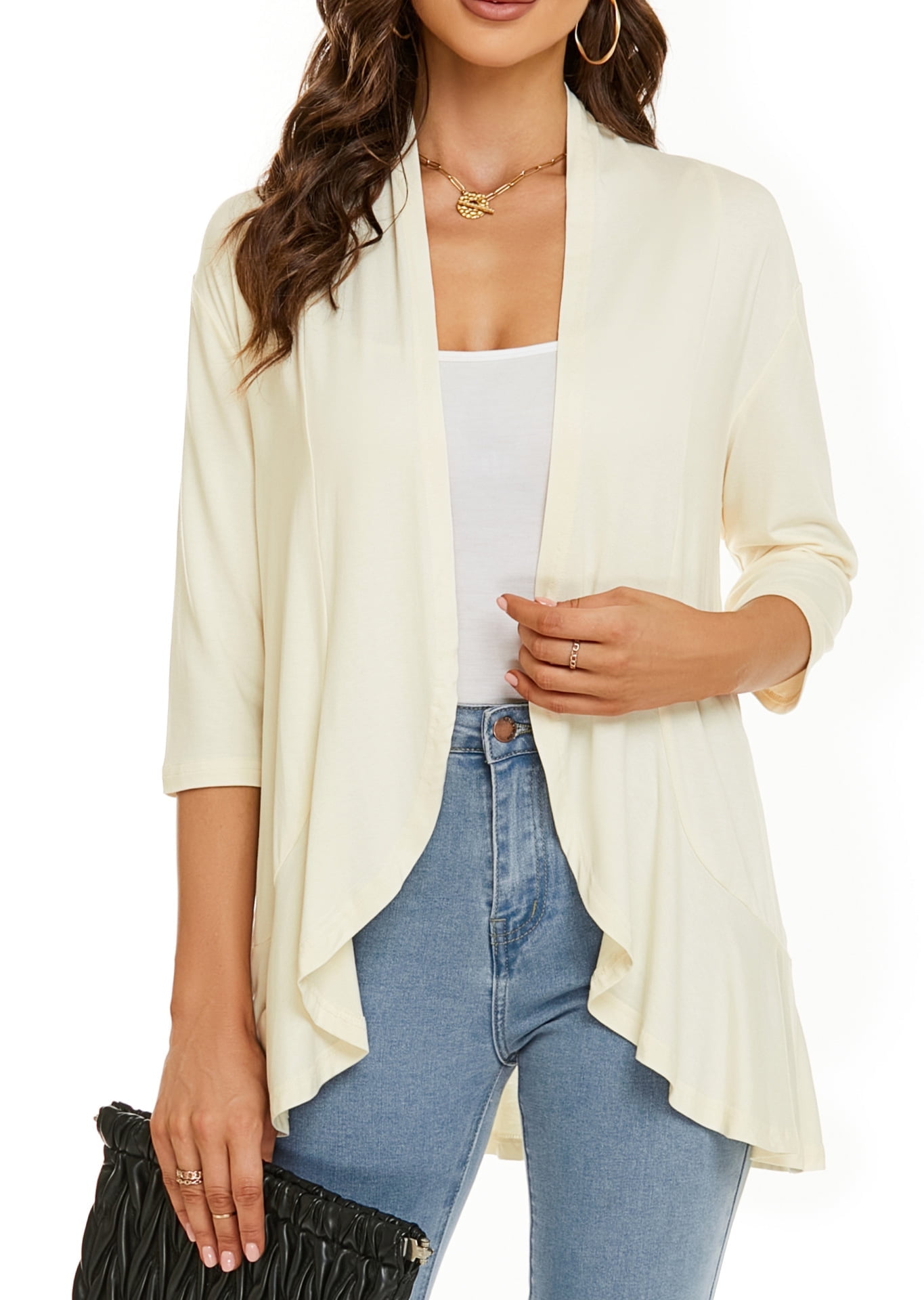 Women's Casual Lightweight Open Front Cardigans Soft Draped Ruffles 3/4 ...