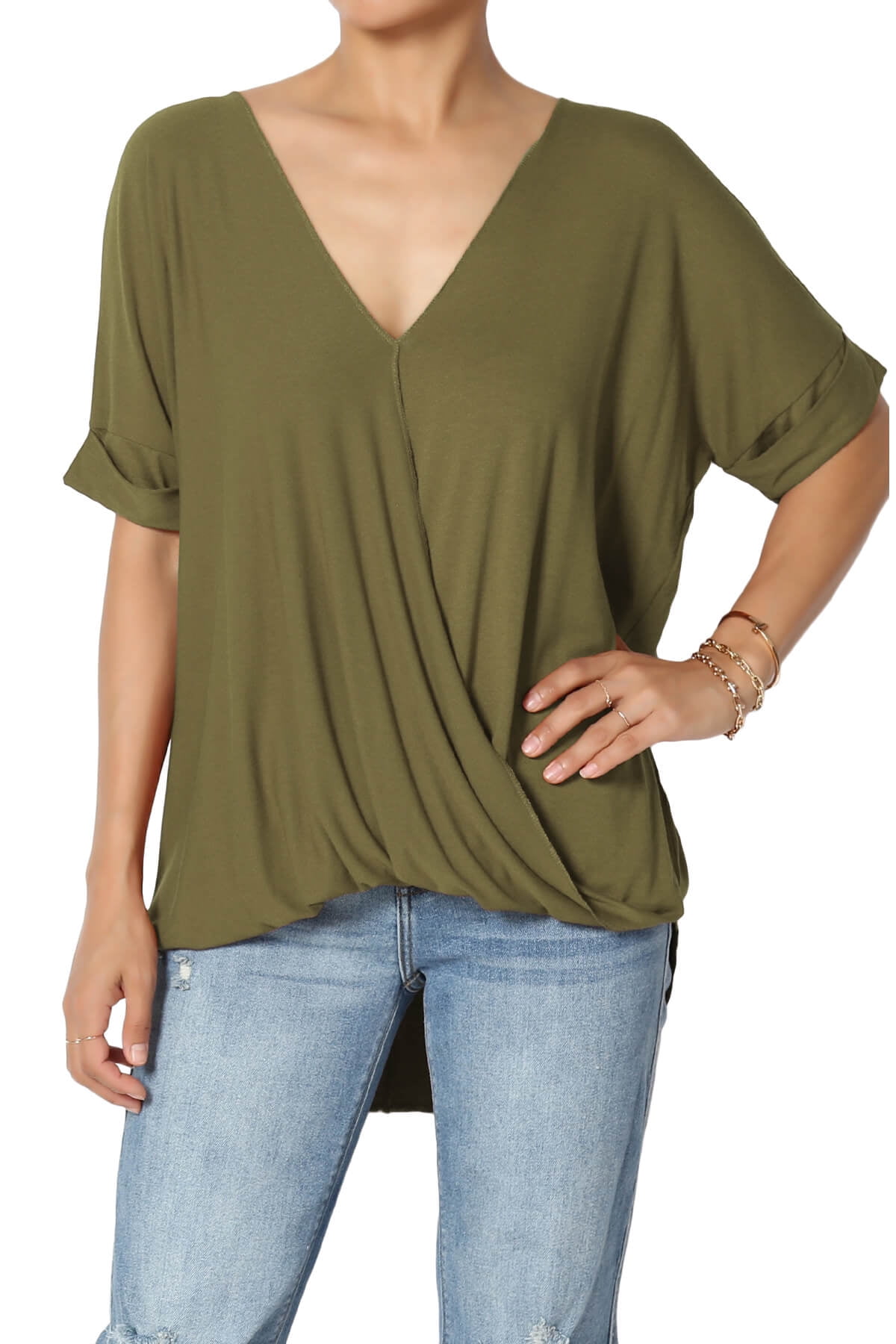 Women's Casual Lightweight Short Sleeve Wrap V-Neck High Low Crepe Knit ...