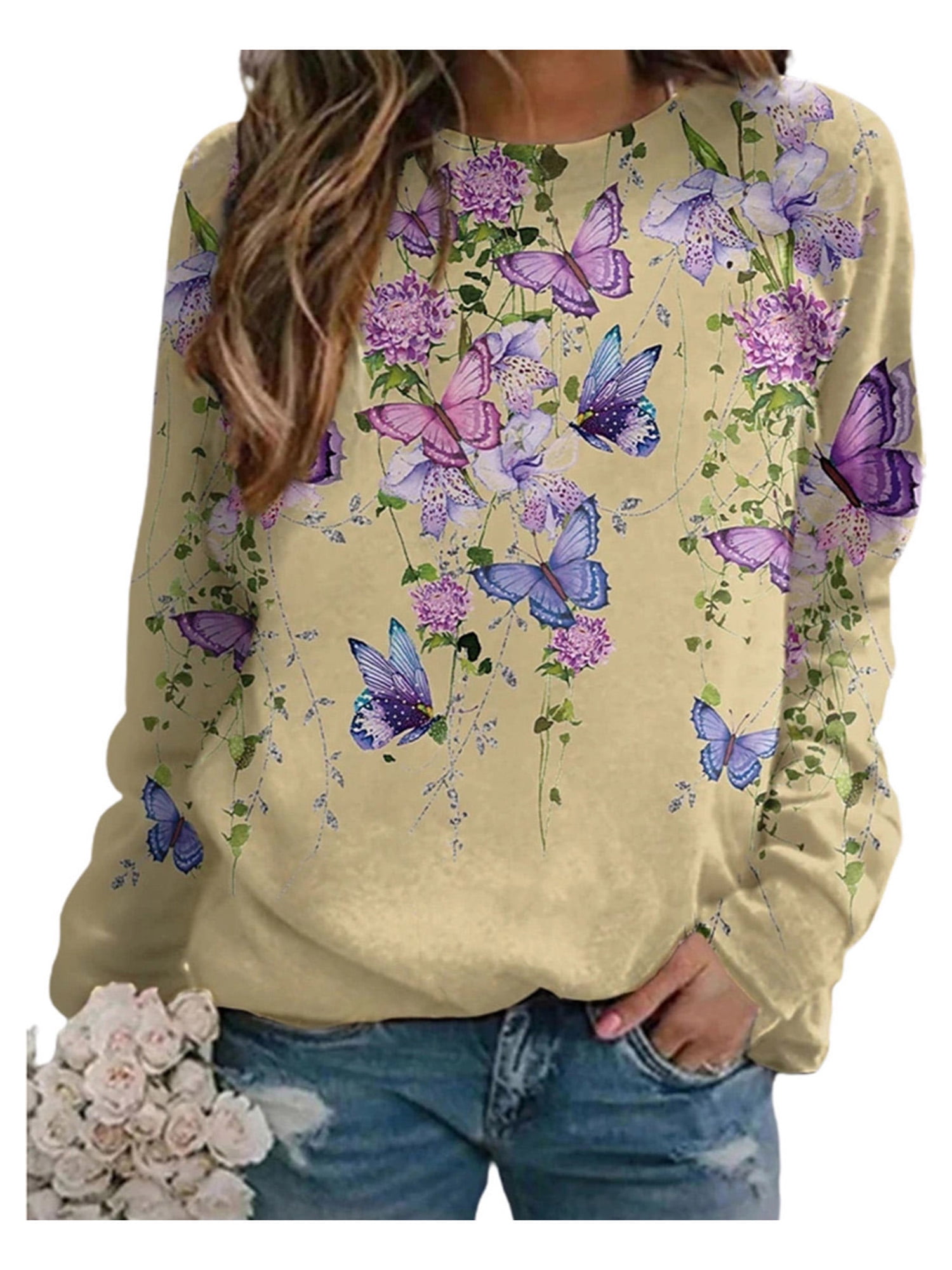Women's Casual Long Sleeve Crewneck Sweatshirt Butterfly Floral Graphic ...