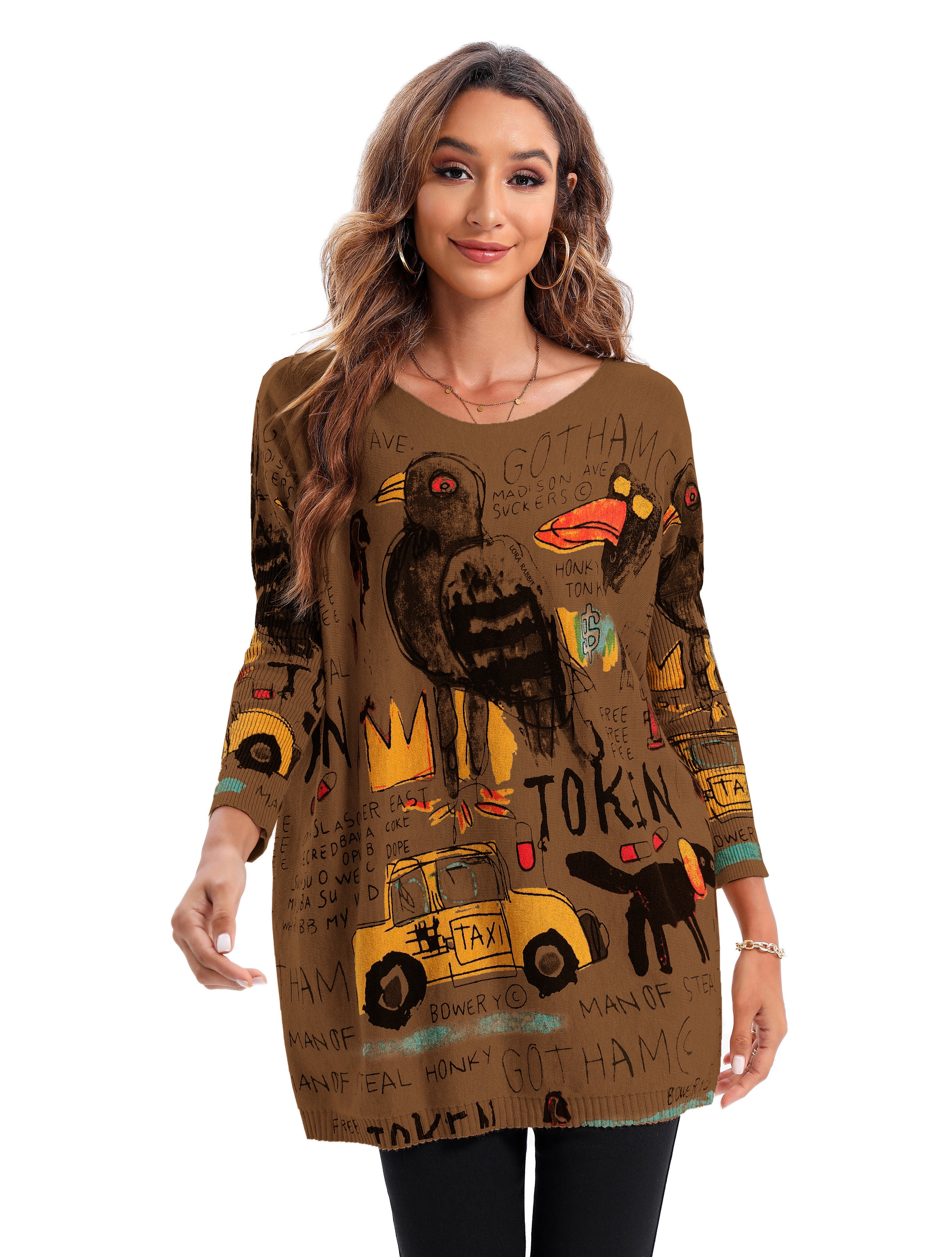 Women's Casual Long Sleeve Loose Artsy Graphic Newspaper Pullover ...