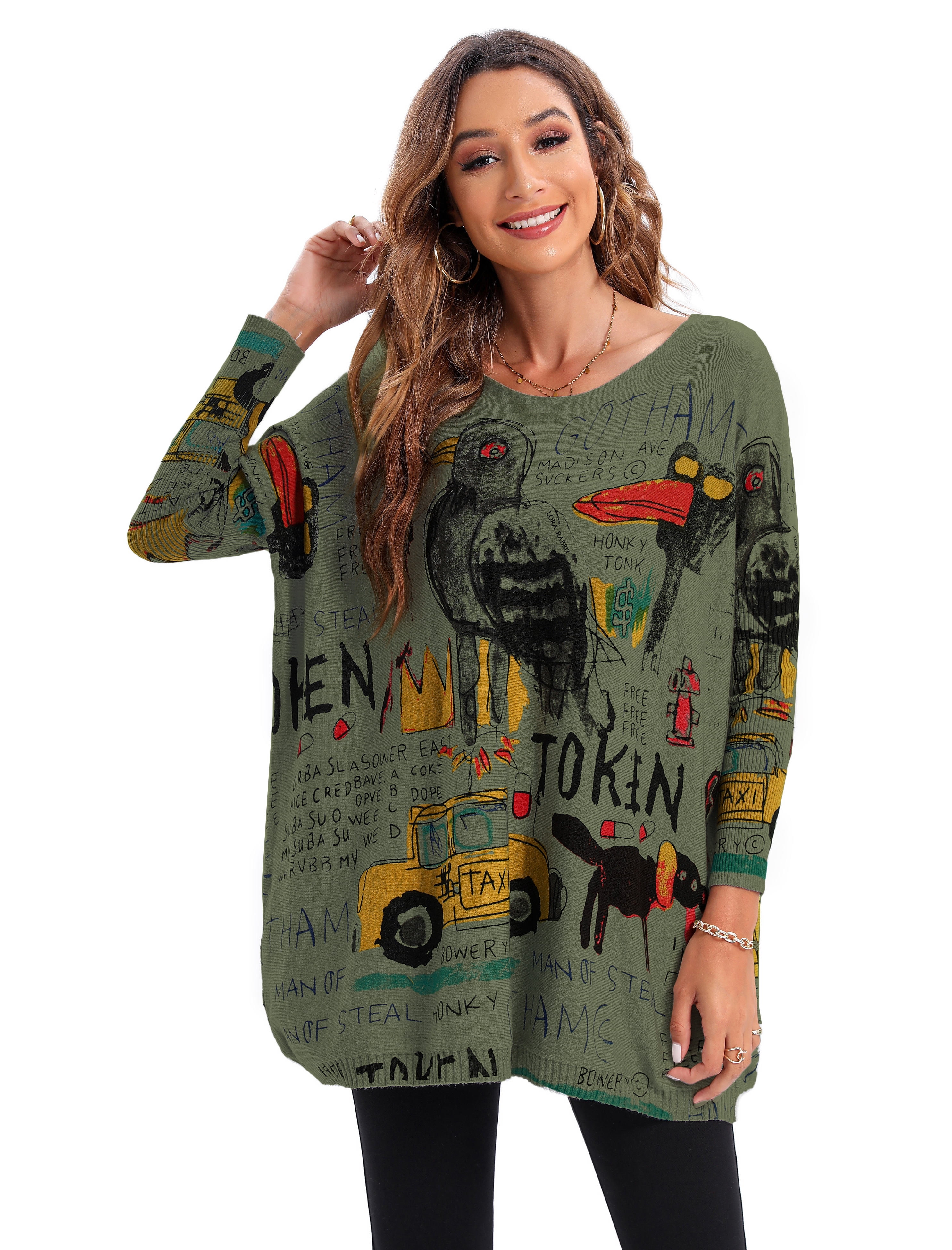 Women's Casual Long Sleeve Loose Artsy Graphic Newspaper Pullover ...