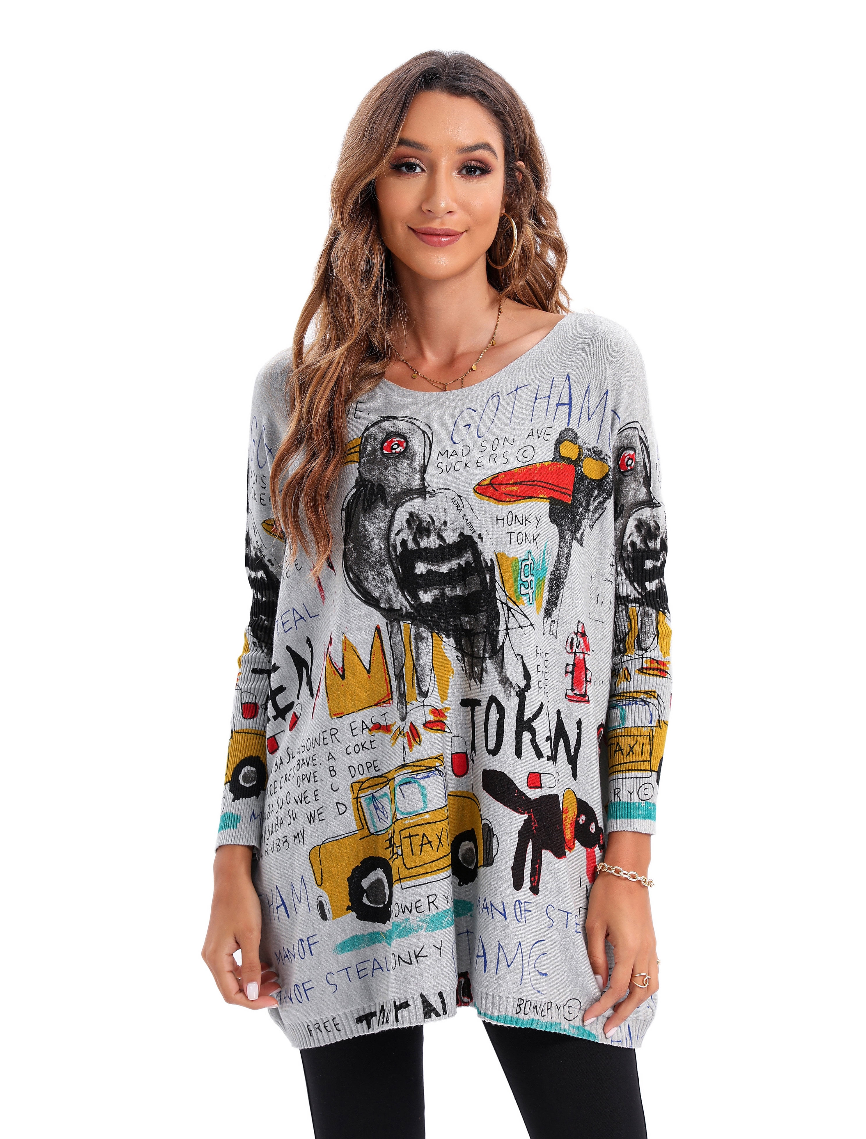 Women's Casual Long Sleeve Loose Artsy Graphic Newspaper Pullover ...