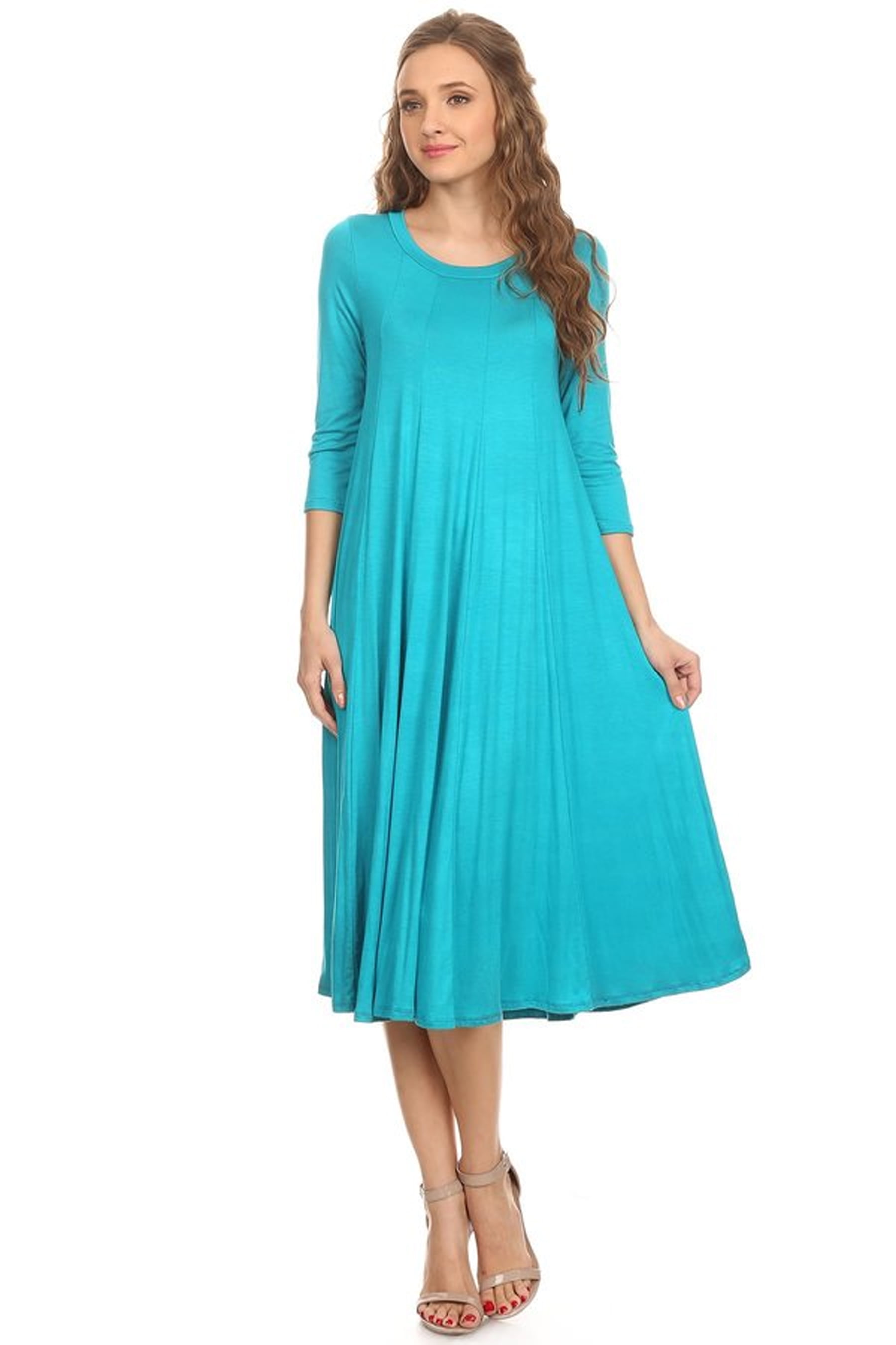 Women's Comfortable 3/4 Sleeve Midi Dress – Solid A-Line Casual Fit ...