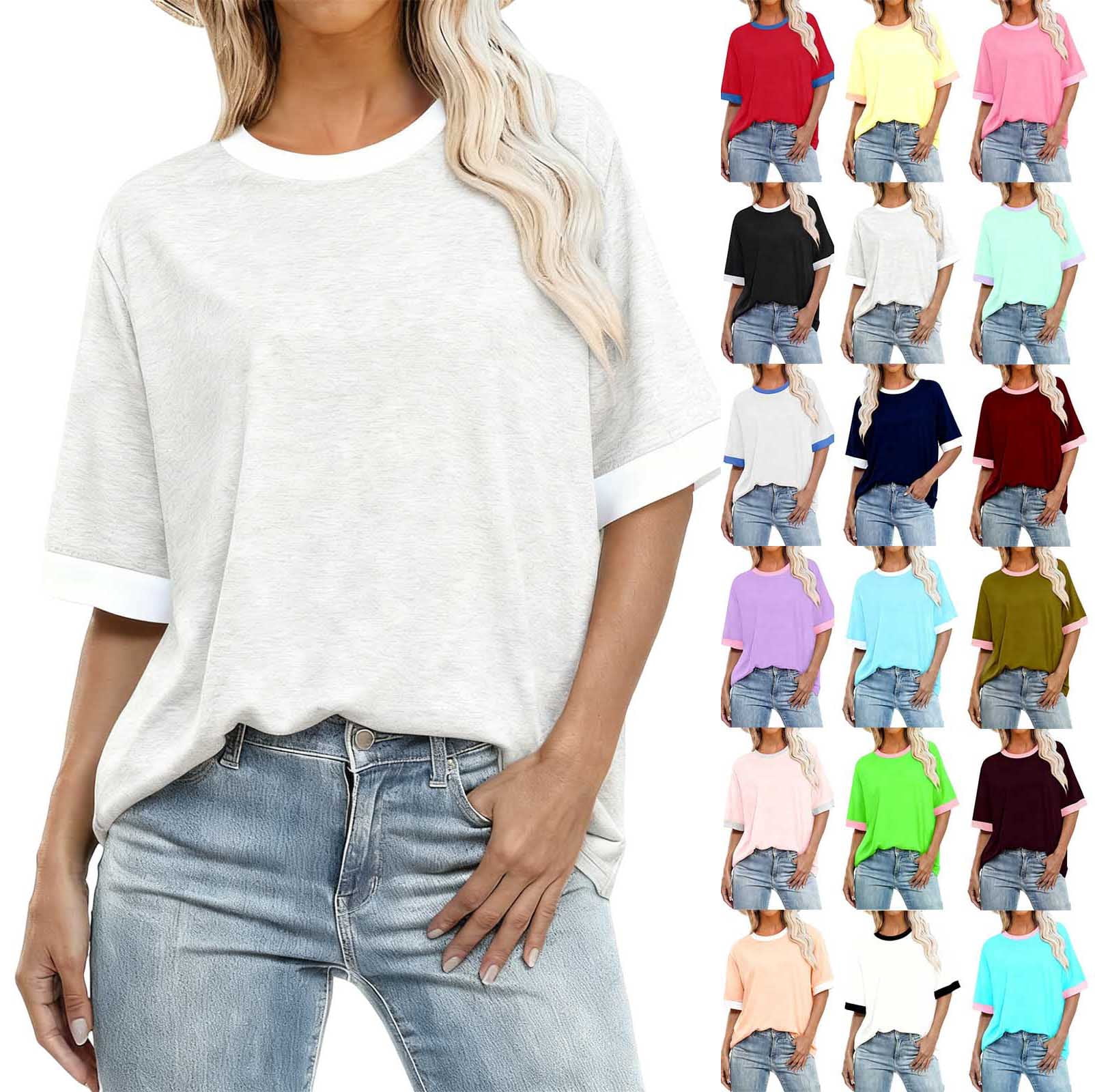 Women's Casual Loose Fit T-Shirt Contrast Trim Short Sleeve Summer Top ...