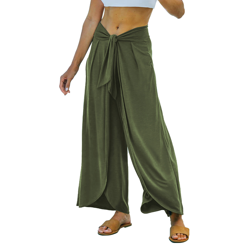 Women's Casual Loose Tie Front Smocked High Waist Boho Split Wide Leg ...