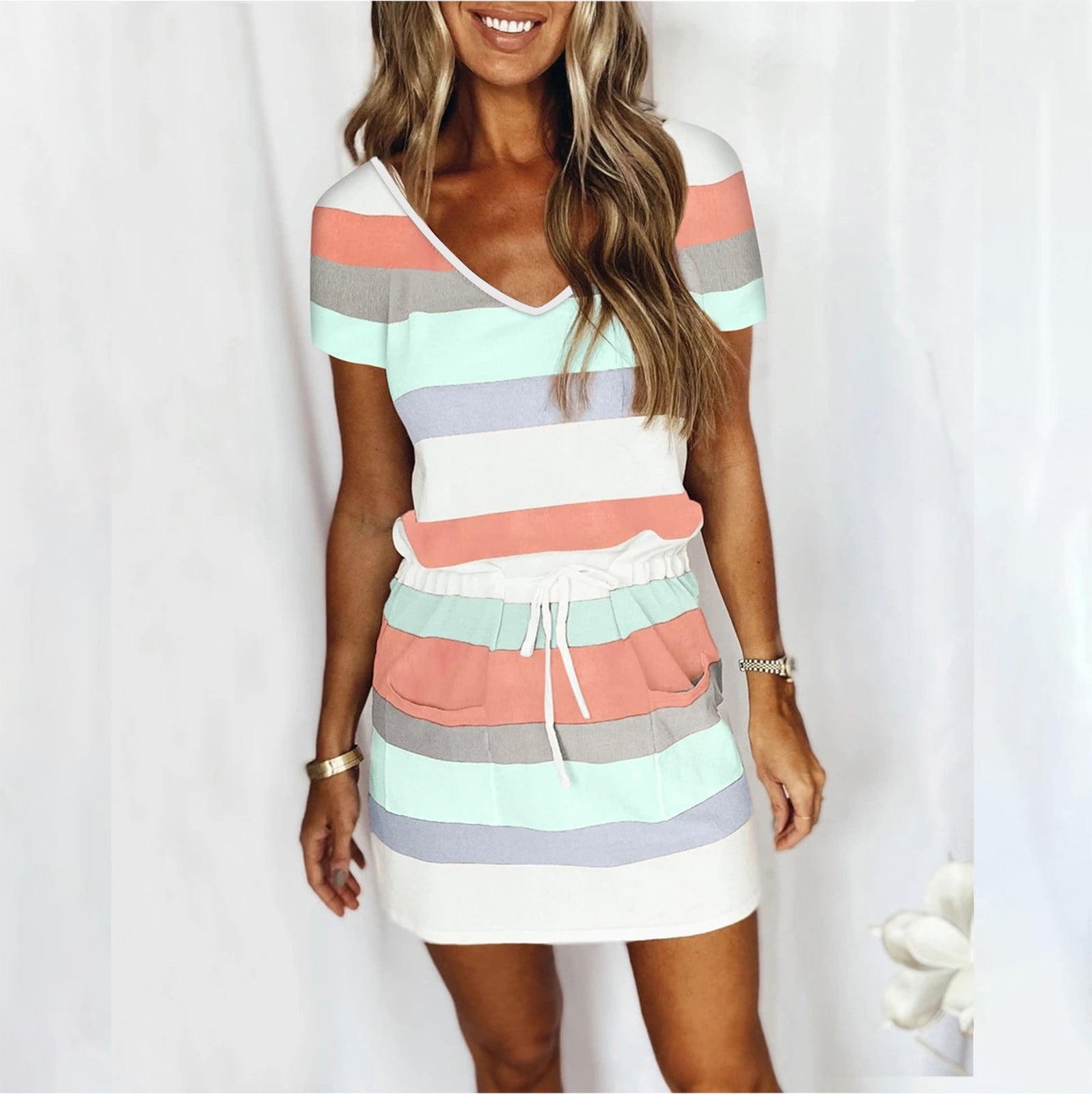 Women's Casual Loose V-Neck Short Sleeve Bandage Stripe Printing Loose ...