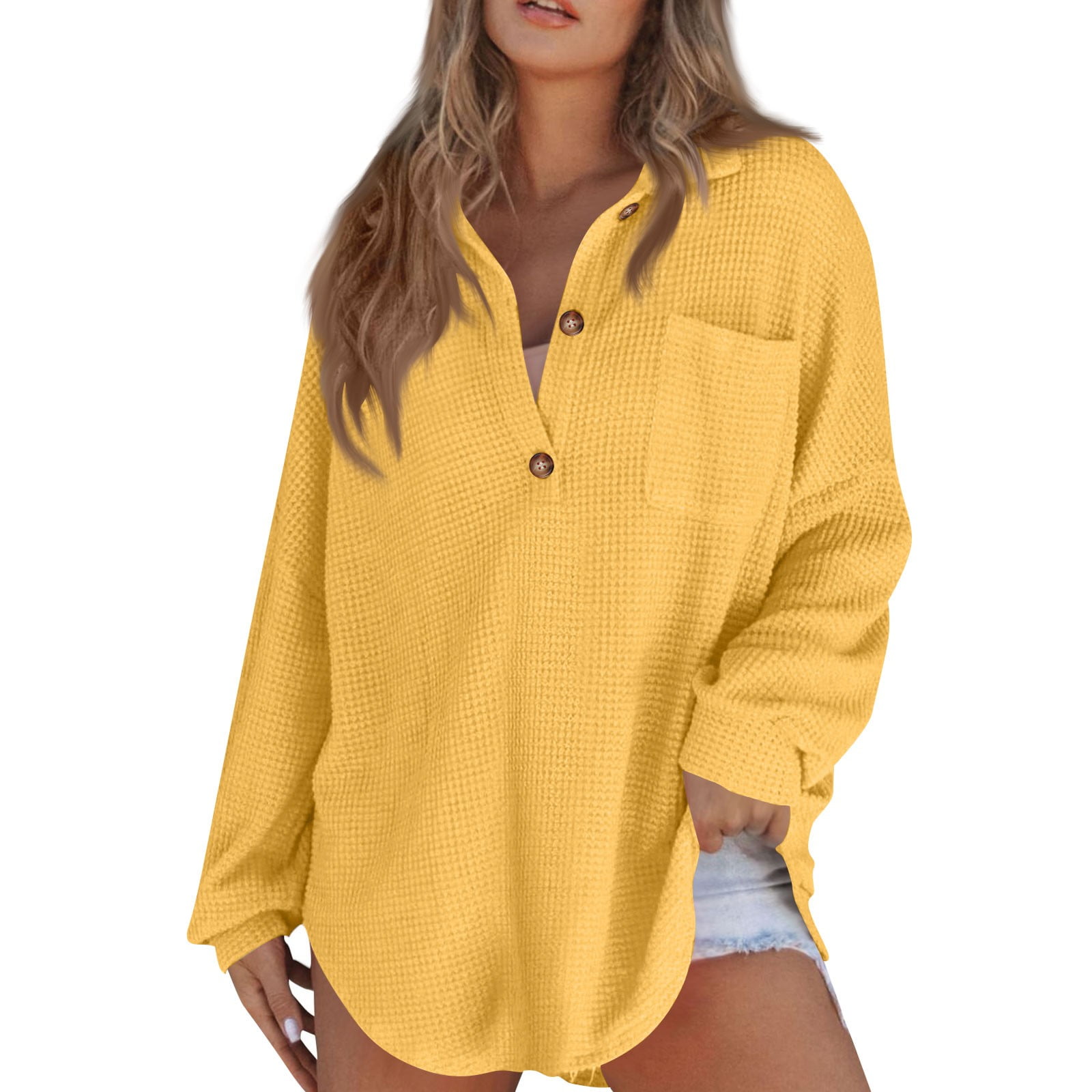 Womens Casual Loose Waffle Knit Button Down Shirt Long Sleeve V Neck