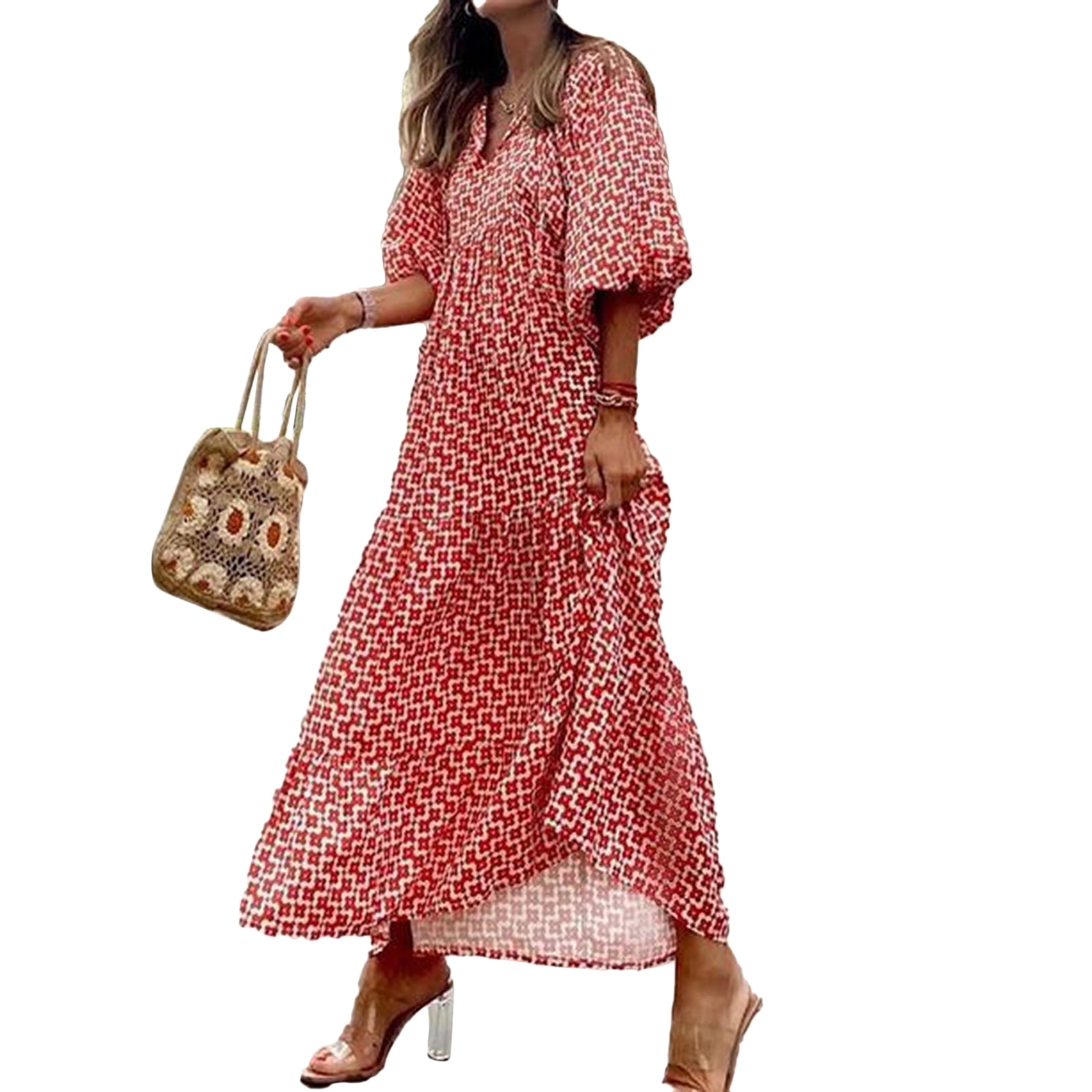 Women's Casual Maxi Dress Summer Loose Long Swing Dress Boho Floral V ...