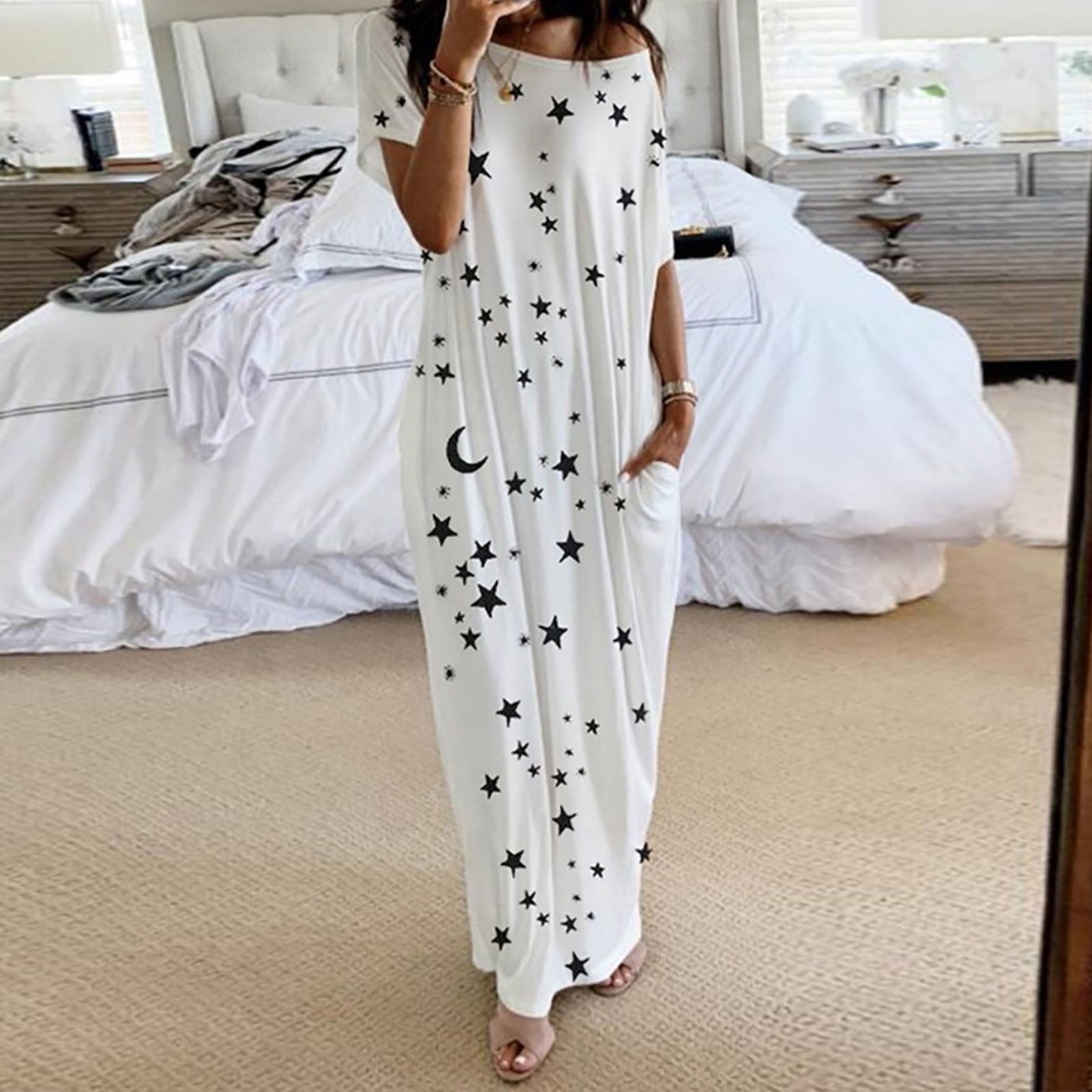 Women's Casual Maxi Long Nightgown Short Sleeve Soft Nightgown Sleep ...