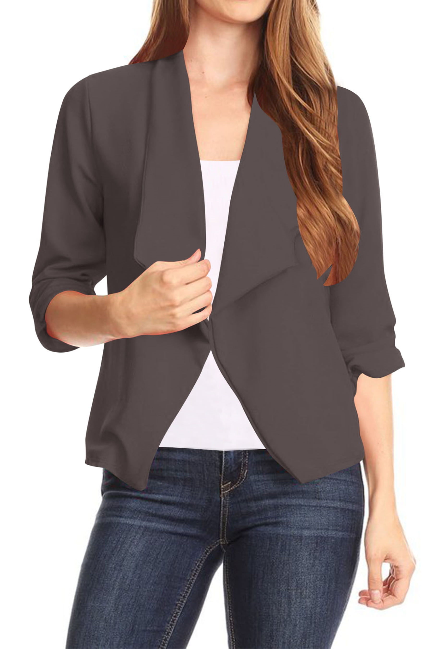 Women's Casual Office Wear Open Draped Front 3/4 Sleeves Basic Solid ...