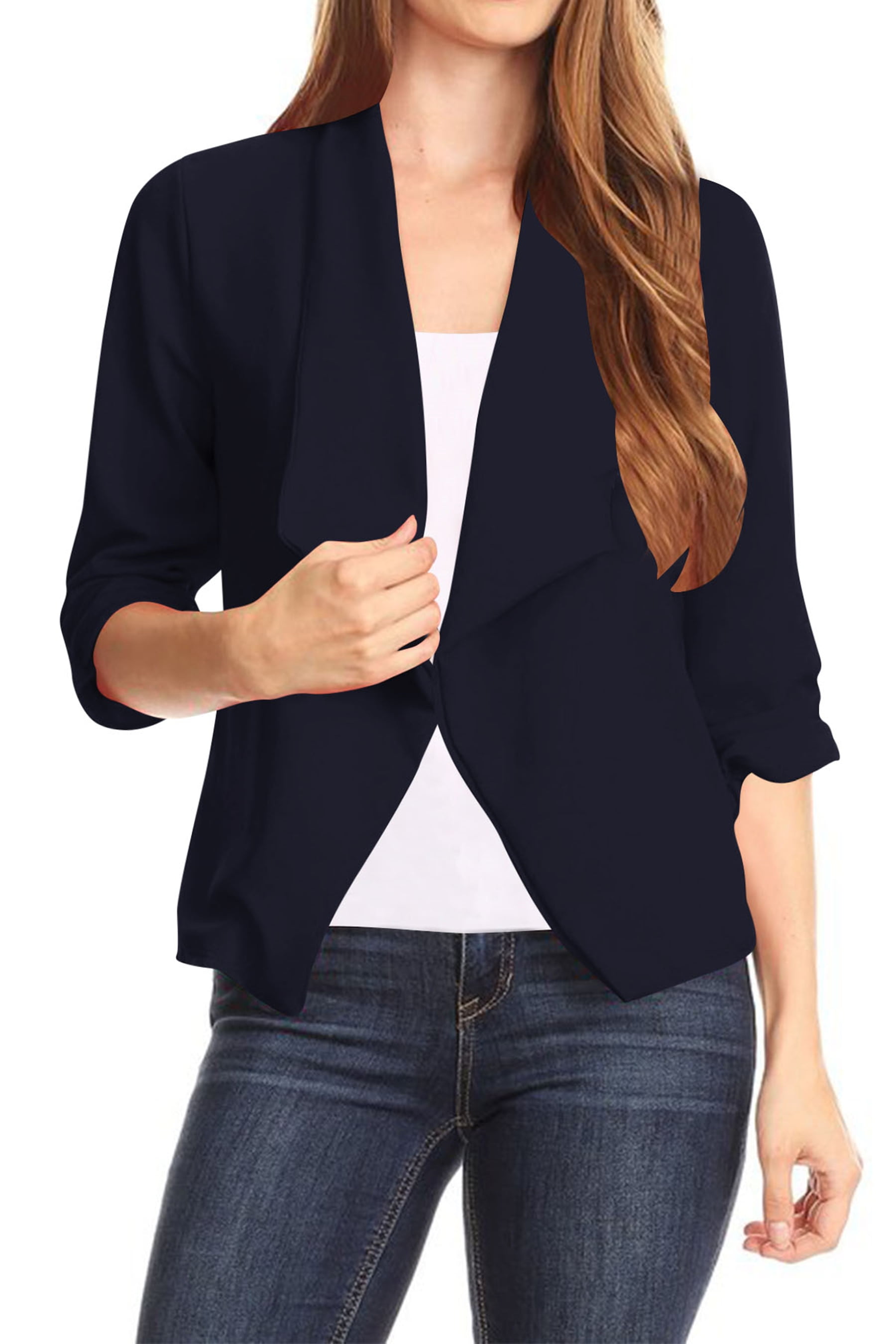Women's Casual Office Wear Open Draped Front 3/4 Sleeves Basic Solid ...