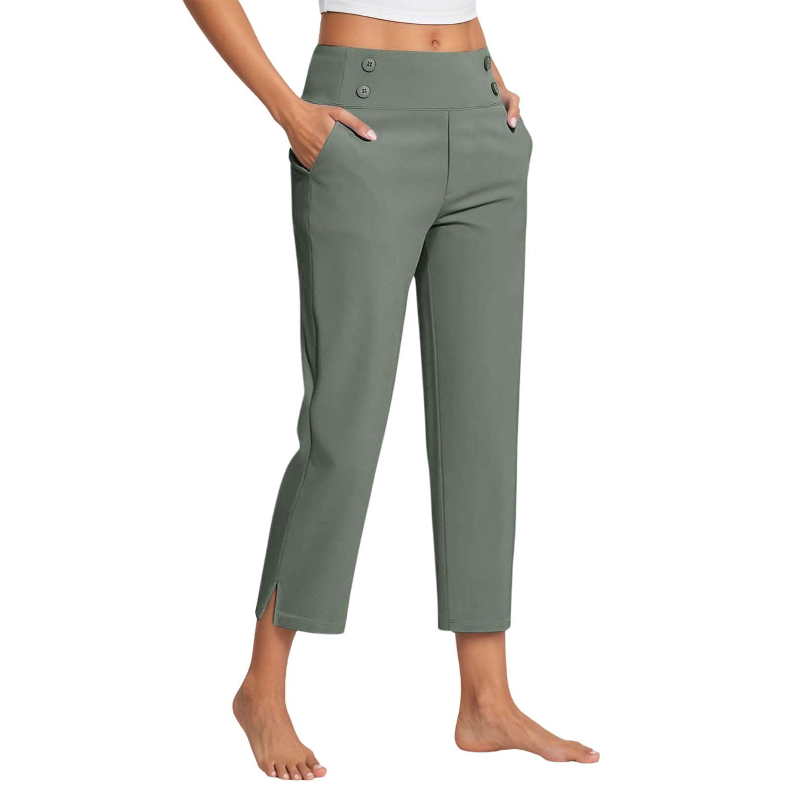 Women's Casual Pants Button Elastic Waist Stretchy Yoga Capri Pants ...