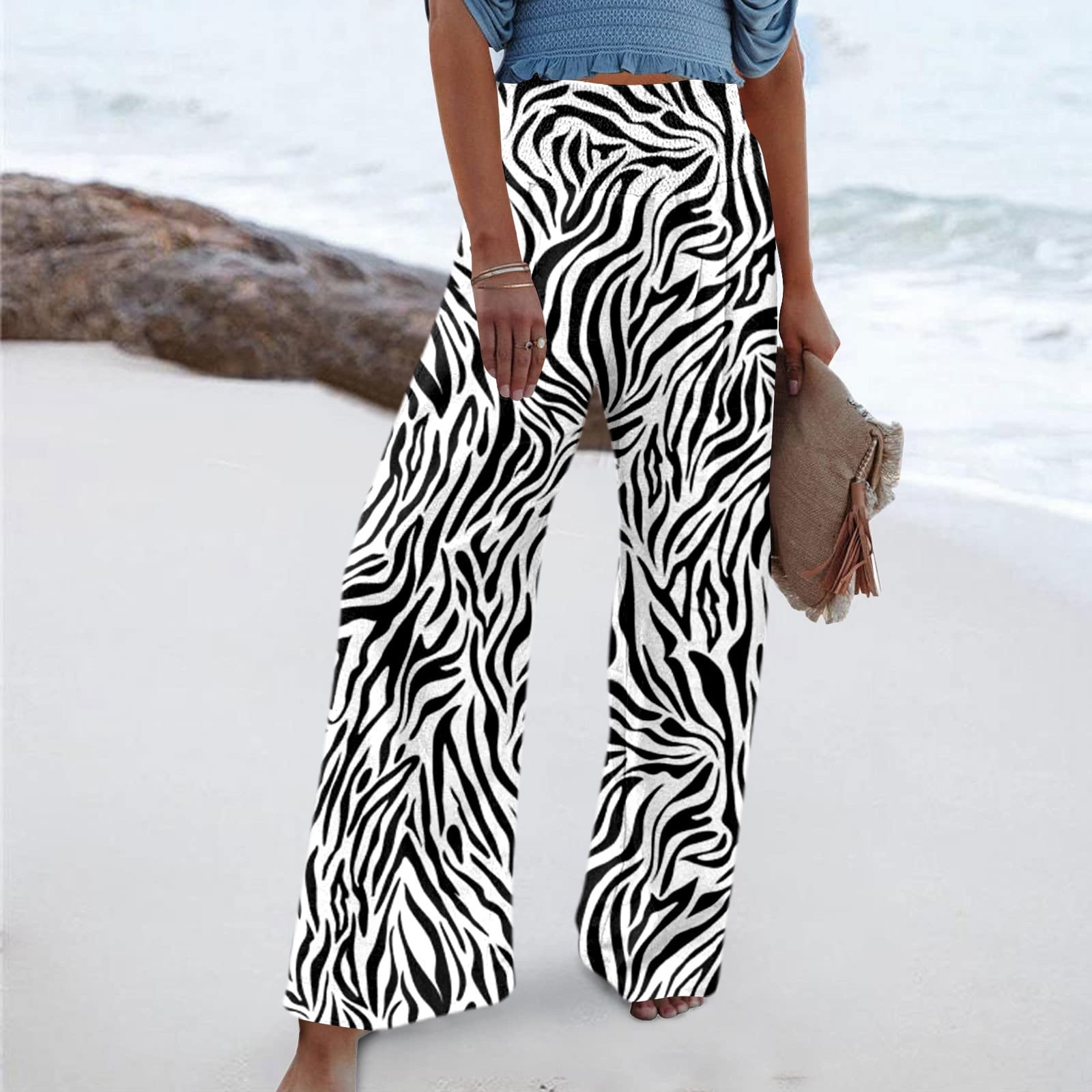 Women's Casual Pants Zebra Print Elastic High Waist Wide Leg Pants ...