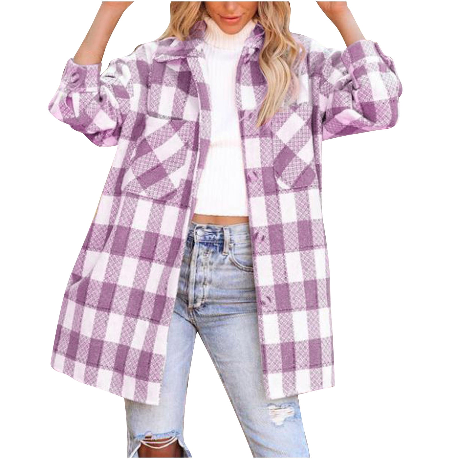 Women's Casual Plaid Lapel Woolen Button Up Pocketed Long Shacket Coat ...