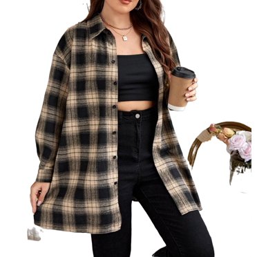 Fantaslook Plus Size Flannel Plaid Shirts for Women Long Sleeve Button ...