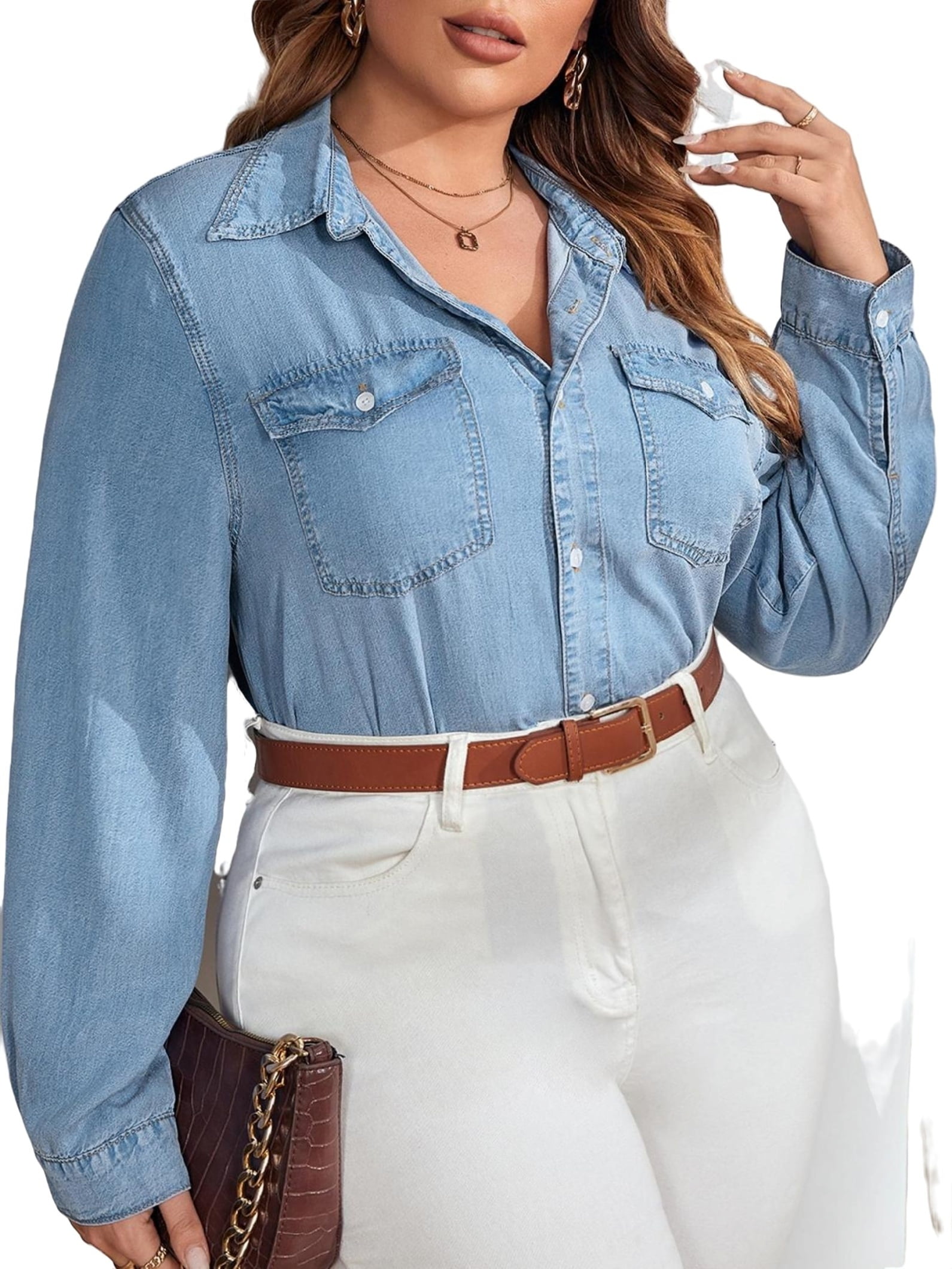 Women's Casual Plain Collar Light Wash Long Sleeve Plus Size Denim Tops ...